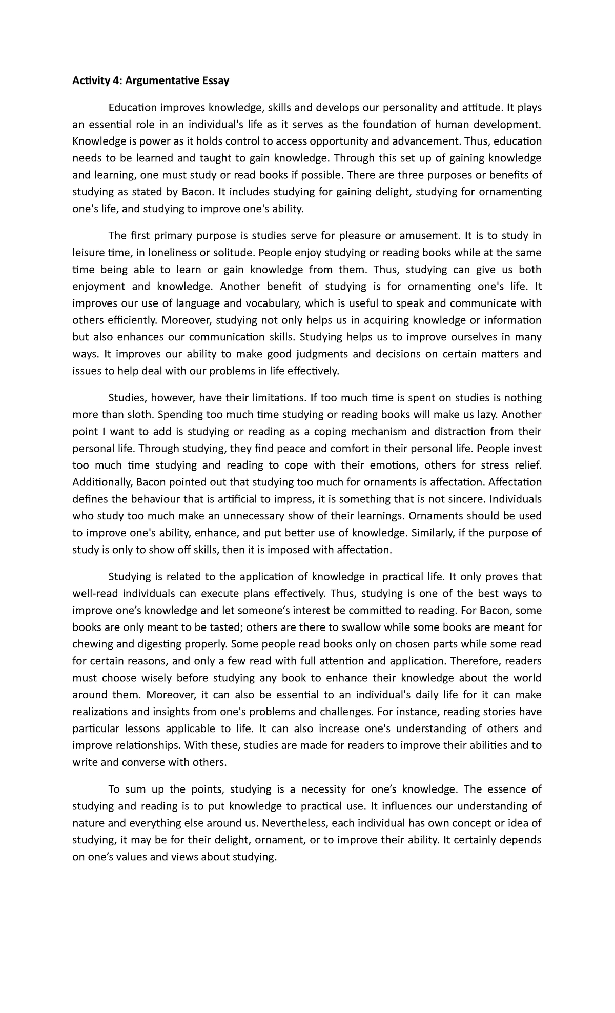 English-Essay-Activity4 - Activity 4: Argumentative Essay Education ...