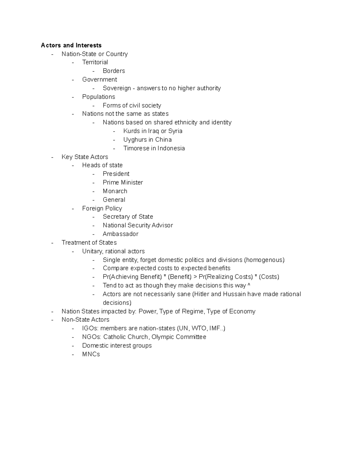 PSCI 150 Notes - Actors and Interests - Nation-State or Country ...
