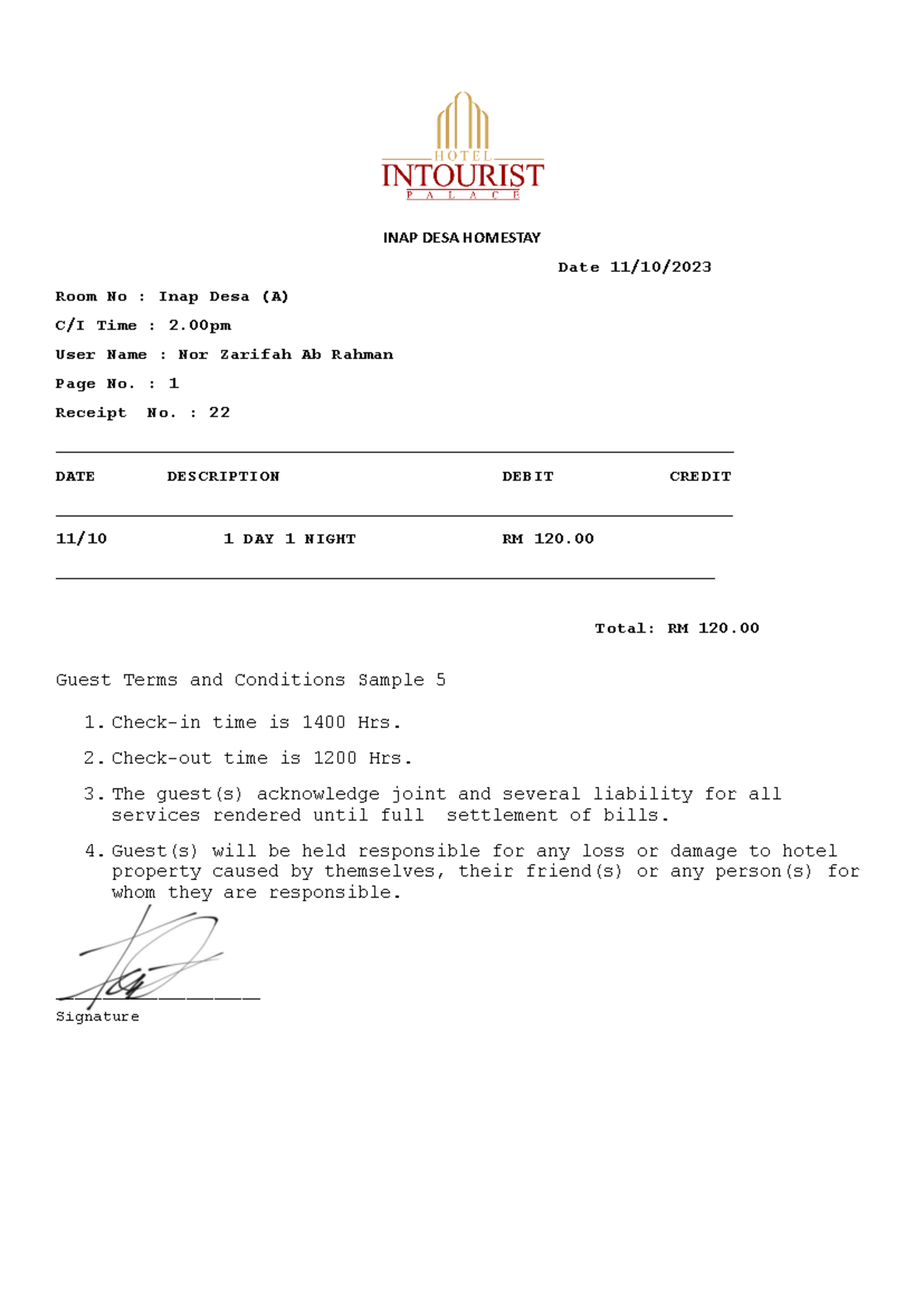 Hotel-receipt-11.10.2023 - INAP DESA HOMESTAY Date 11/10/2 023 Room No ...
