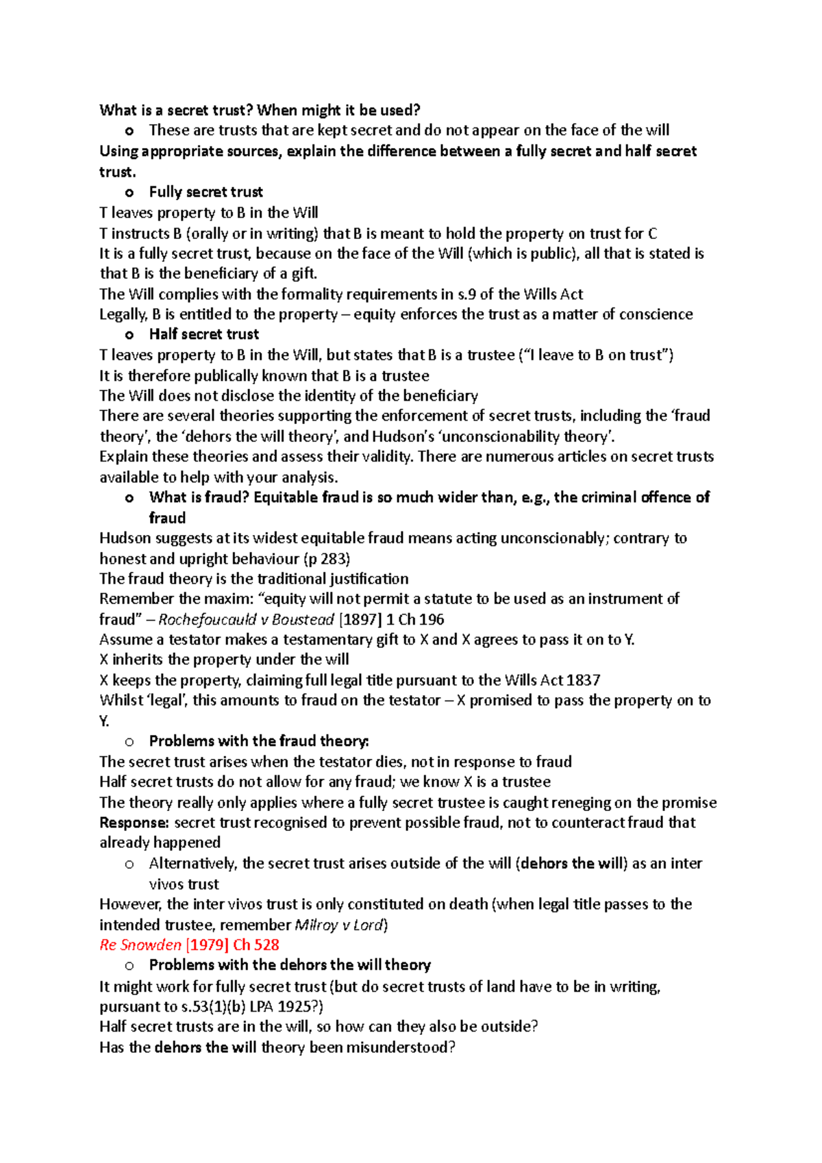 Secret trust - What is a secret trust? When might it be used? o These ...