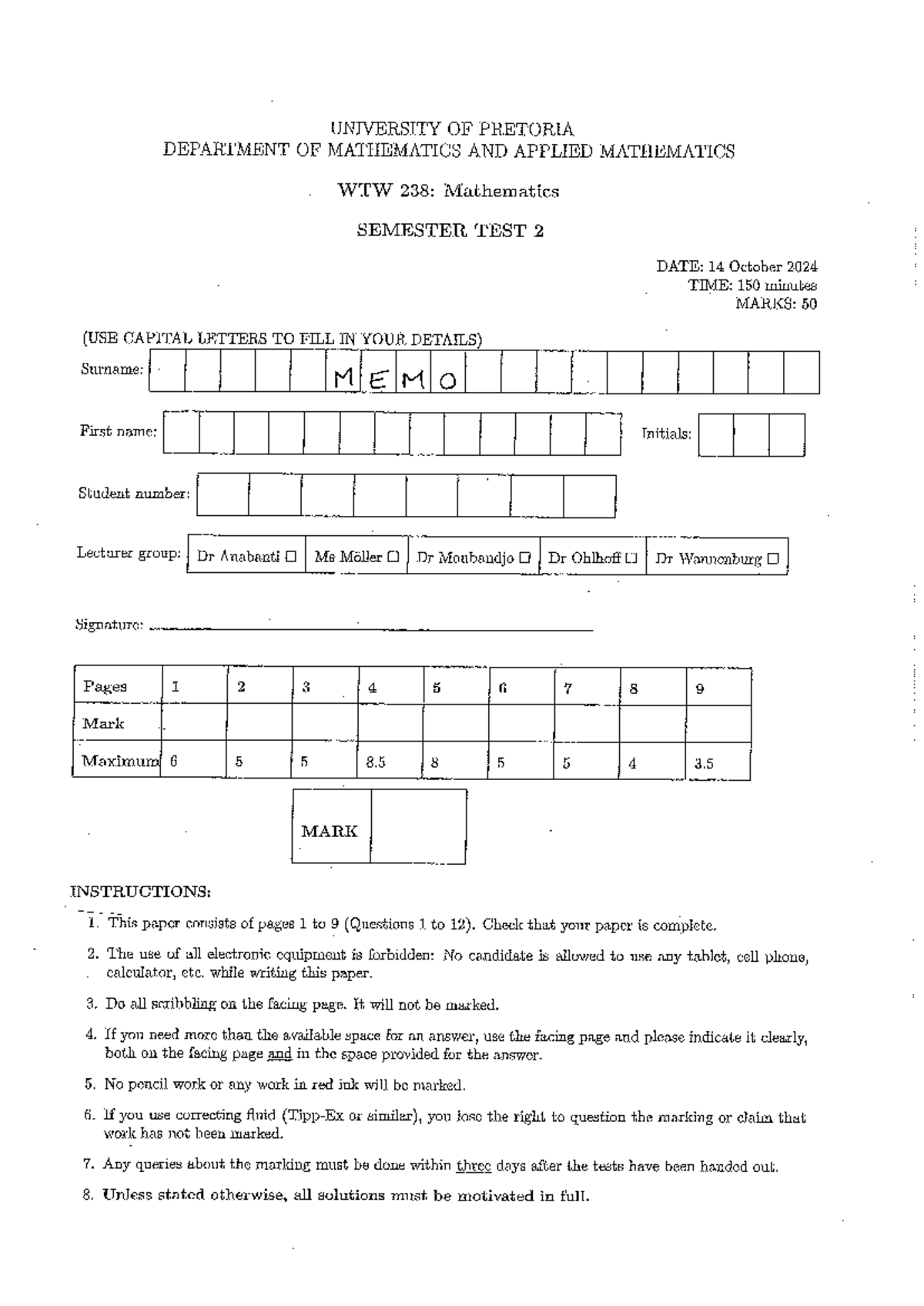 2024 WTW238 ST02 Memo - St2 2024 wtw 238 memo - UNIVERSITY OF PRETORIA ...