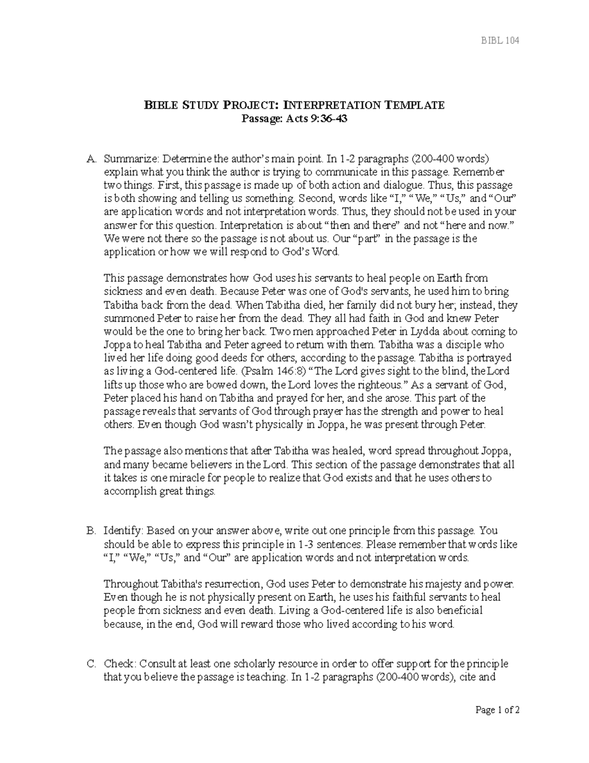 Bible Study Project Interpretation Template - BIBL 104 BIBLE STUDY ...