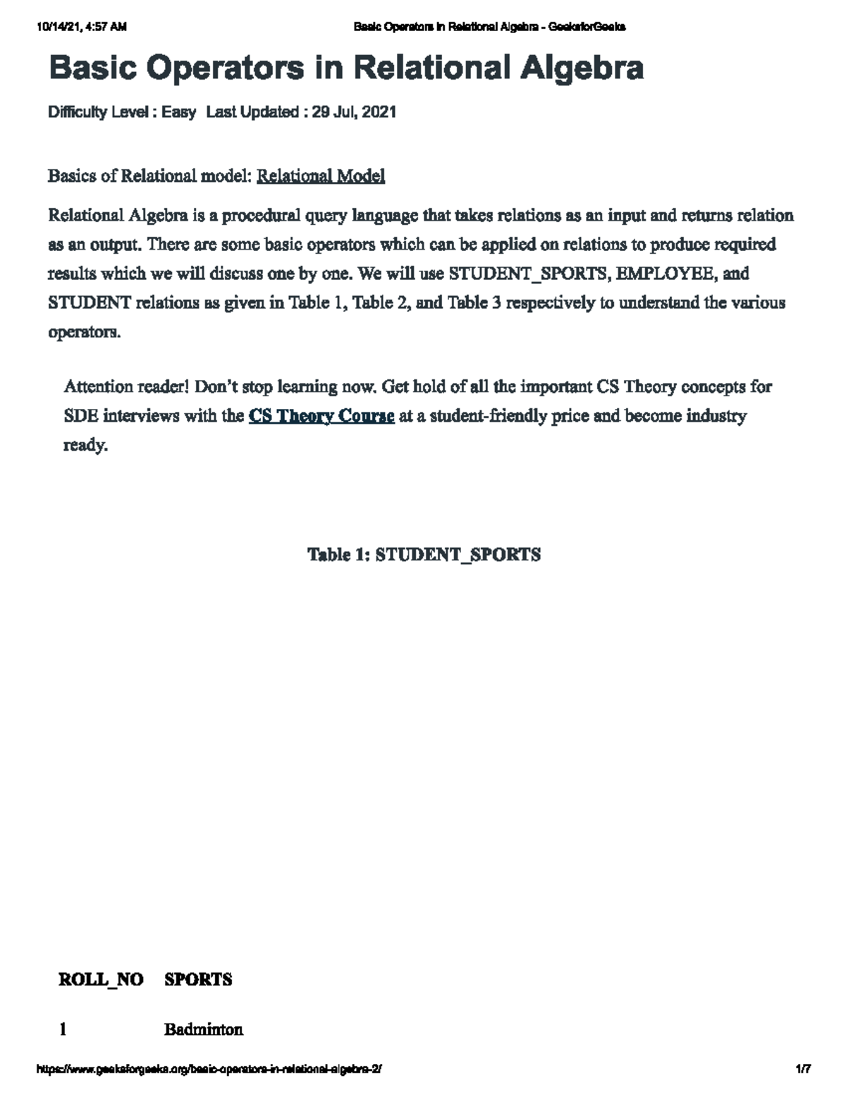 Basic Operators In Relational Algebra Geeksfor Geeks Fundamentals Of Database Management