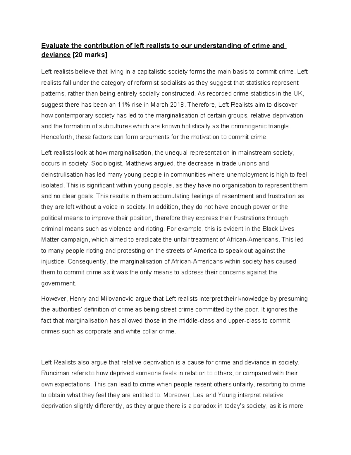 20 Marker left realism - Evaluate the contribution of left realists to ...