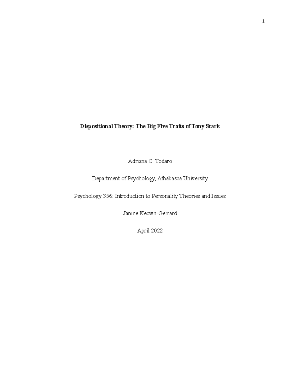 Essay #1 Marvel assignment continuous through semester - Dispositional ...