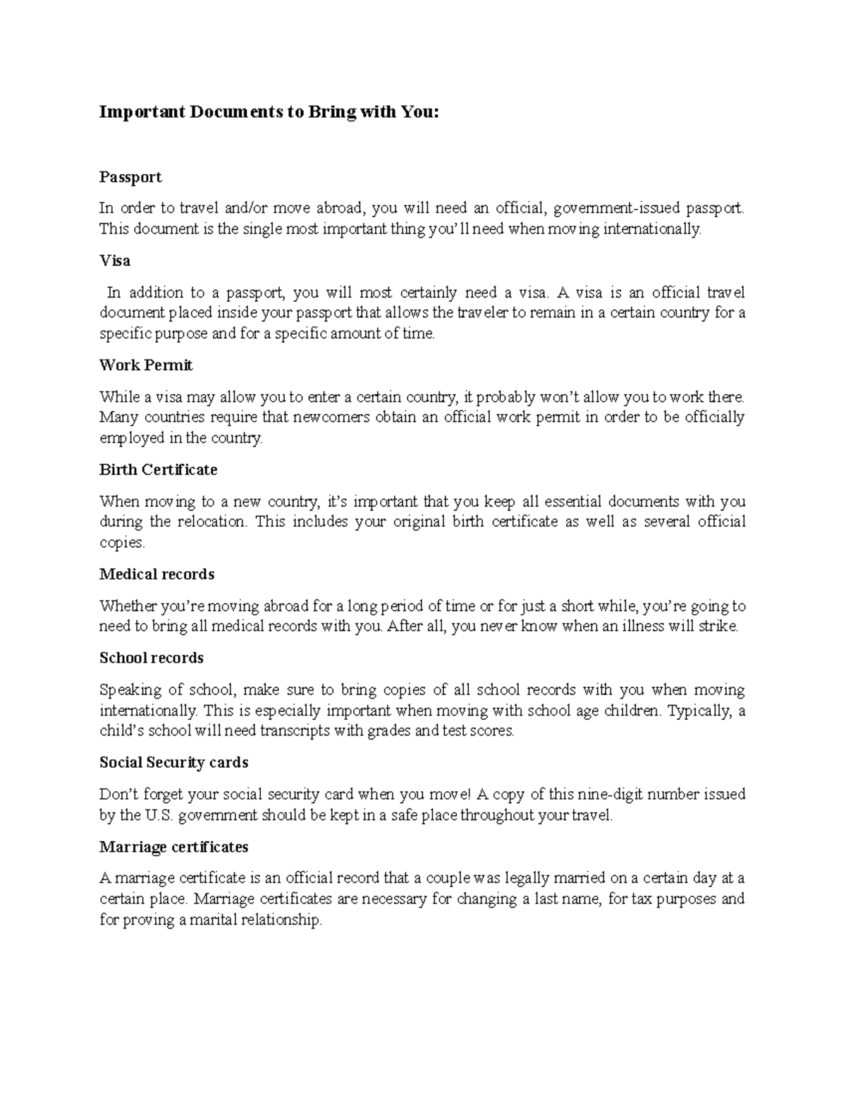 Important Documents to Bring with You - Important Documents to Bring ...