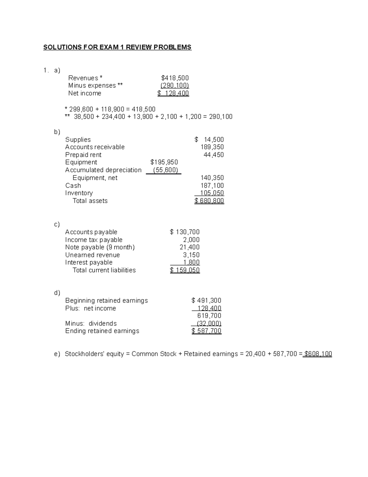 Solutions for Exam 1 Review Problems - SOLUTIONS FOR EXAM 1 REVIEW ...
