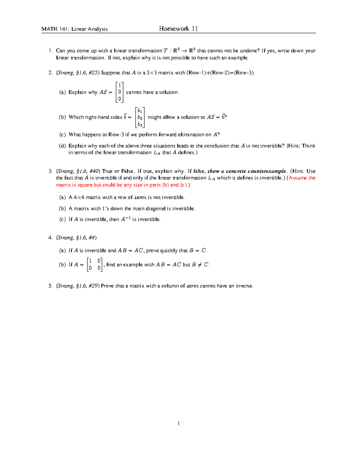 Math141-Homework 11 - Professor Lei Yue - MATH 141: Linear Analysis Homework 11 Can you come up ...
