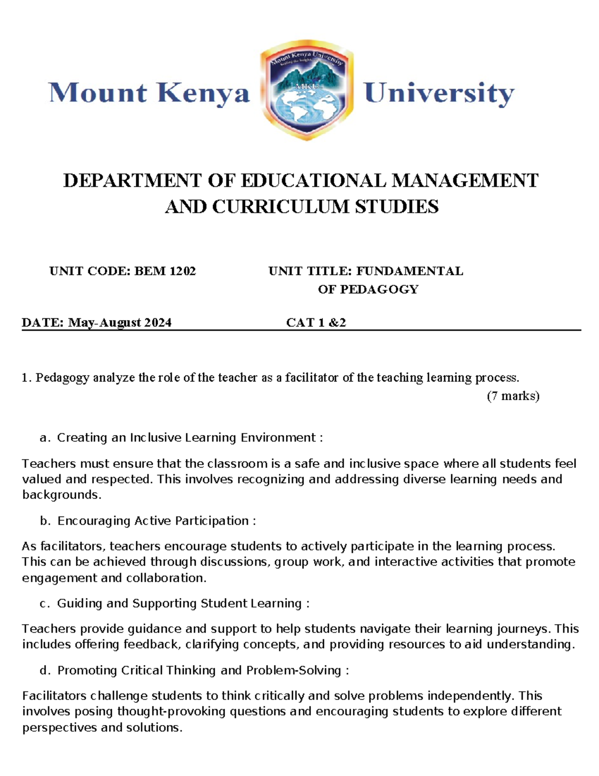 Fundamental CAT 1 AND 2 - Cat solutions - DEPARTMENT OF EDUCATIONAL ...