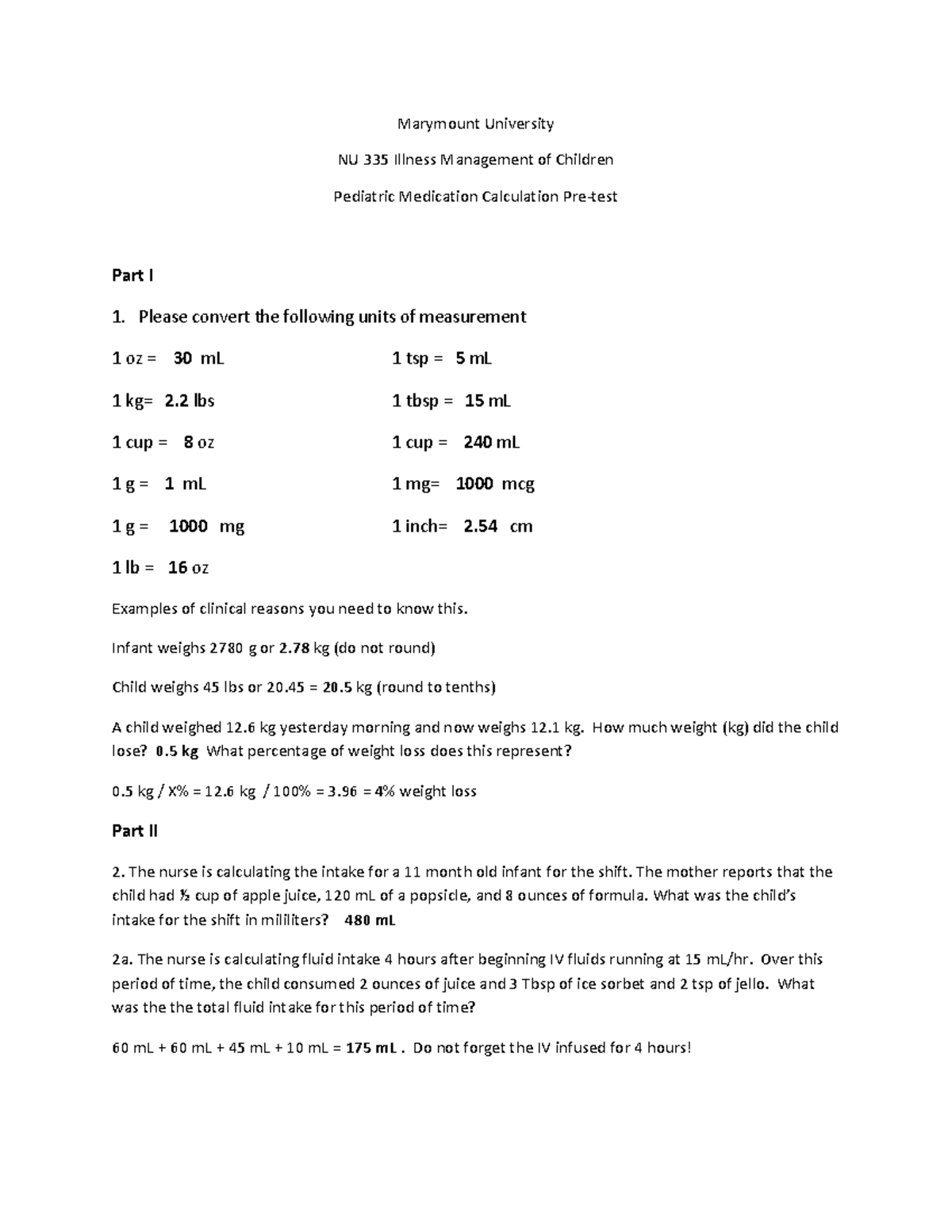 Pediatric Med Math Practice Packet KEY - Marymount University NU 335 ...