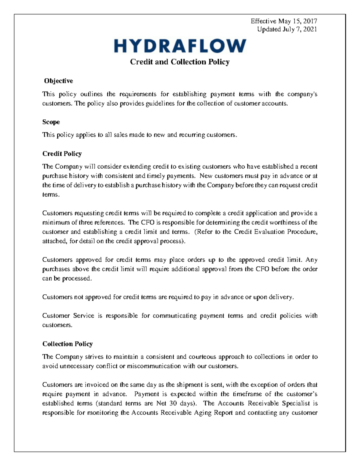 Credit Collection Policy - Effective May 15, 2017 Updated July 7, 2021 ...