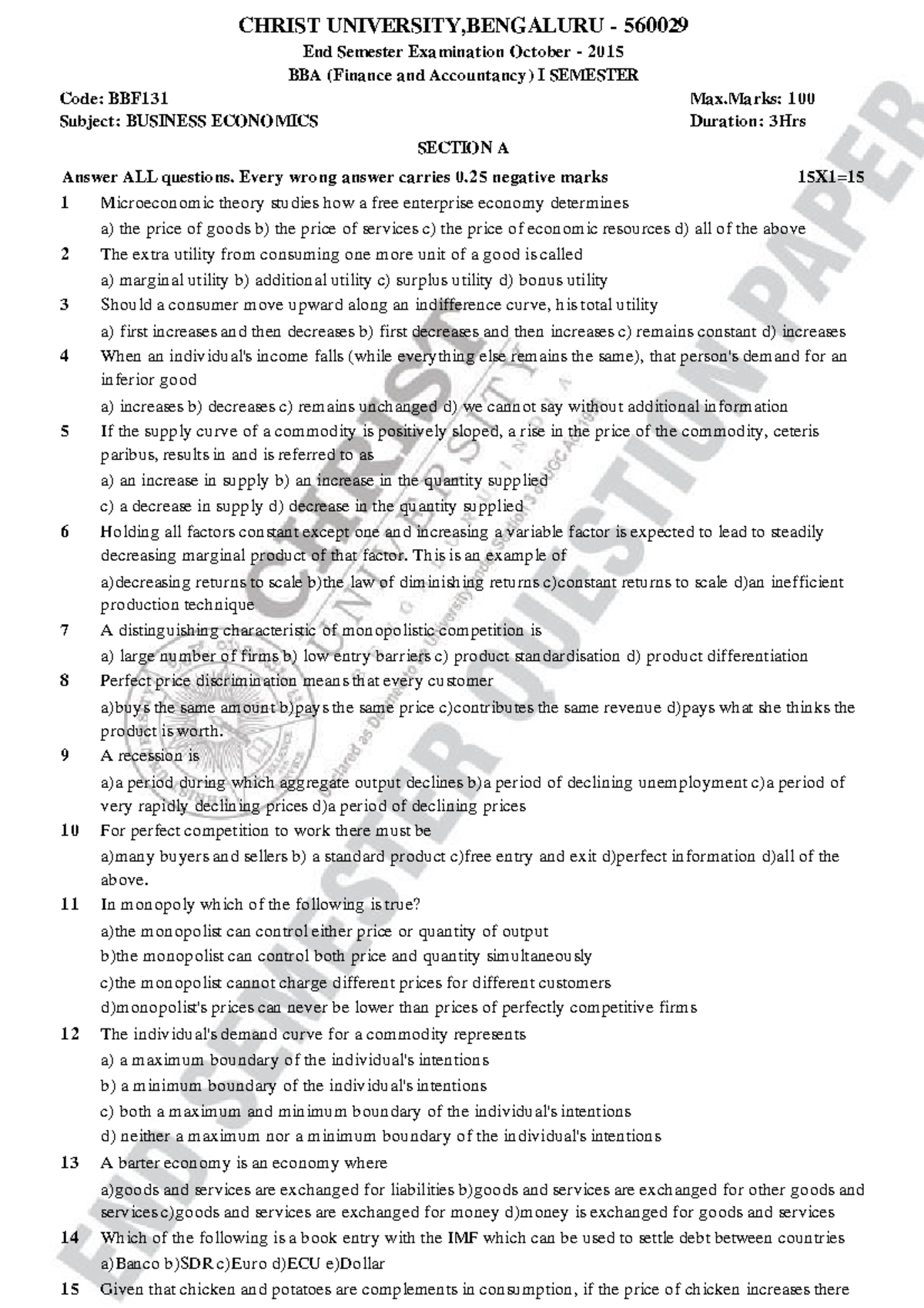 BBF131 - pAPER - CHRIST UNIVERSITY,BENGALURU - End Semester Examination ...