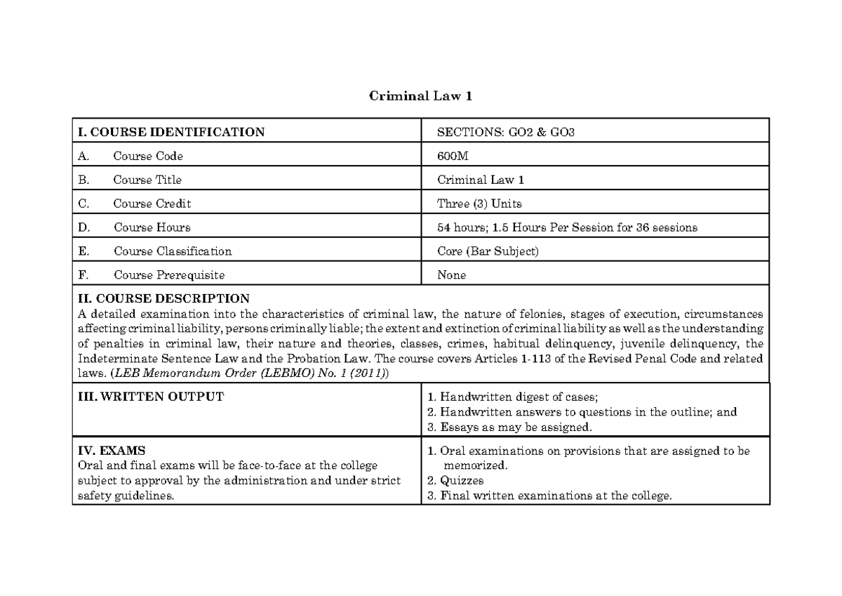 Criminal Law I 1.2 Syllabus DLSU COL (1st Year) - Criminal Law 1 I ...