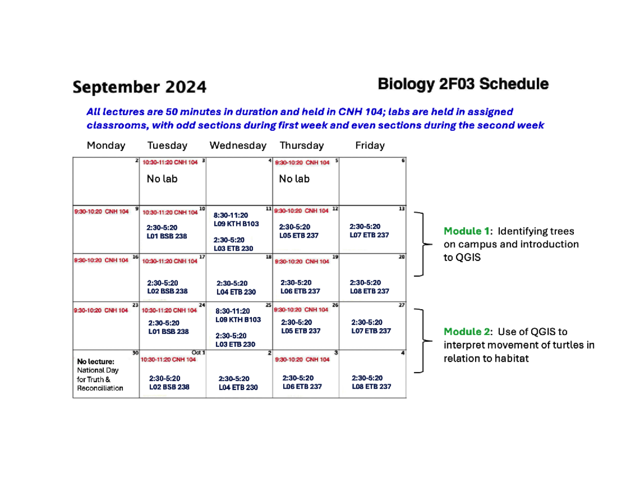 2024 Annotated Calendar - September 2024 Biology 2F03 Schedule All ...