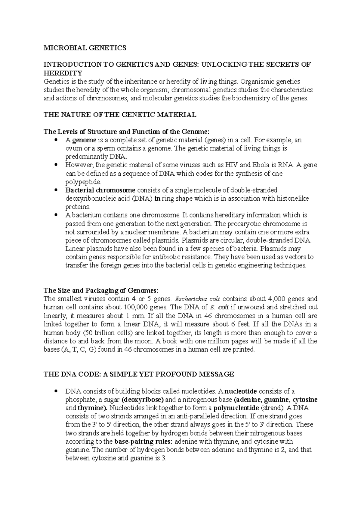 Null-10 - notes - MICROBIAL GENETICS INTRODUCTION TO GENETICS AND GENES ...