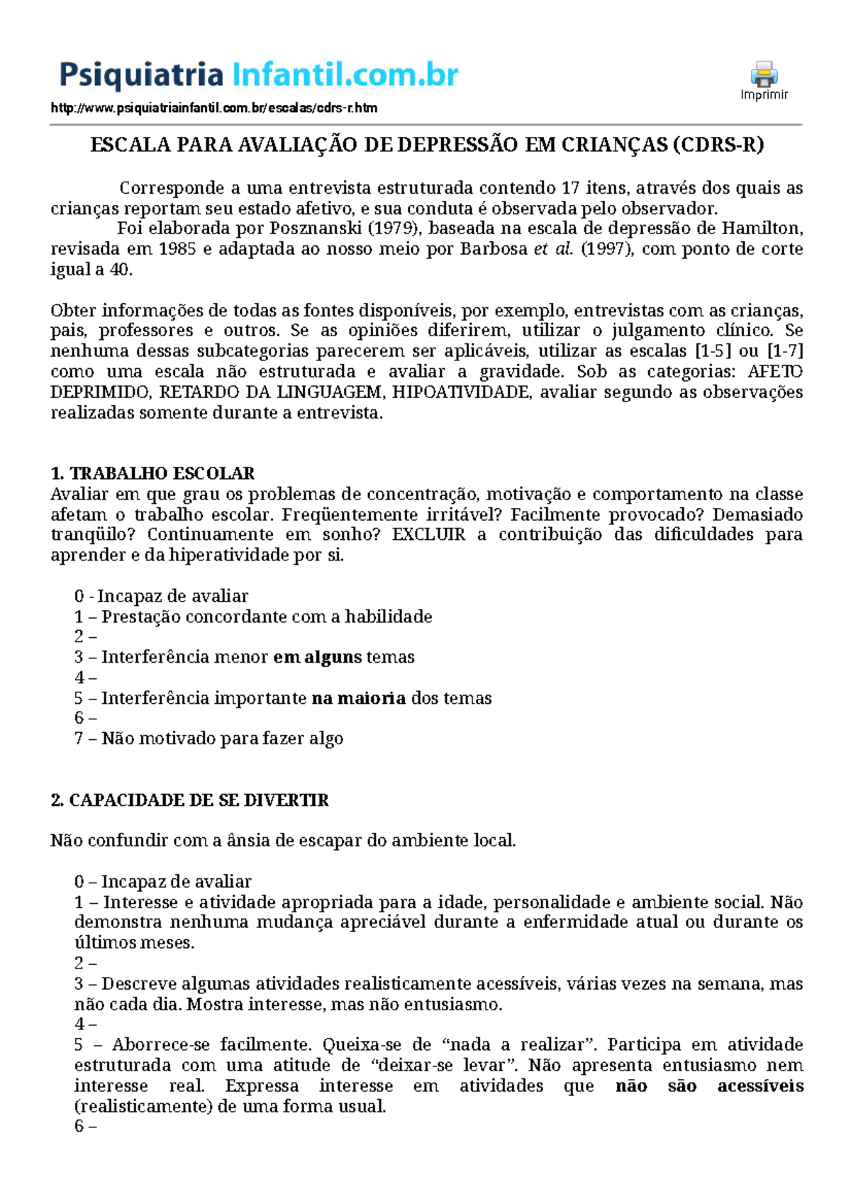Escala para avaliação de depressão em crianças (CDRS-R ...