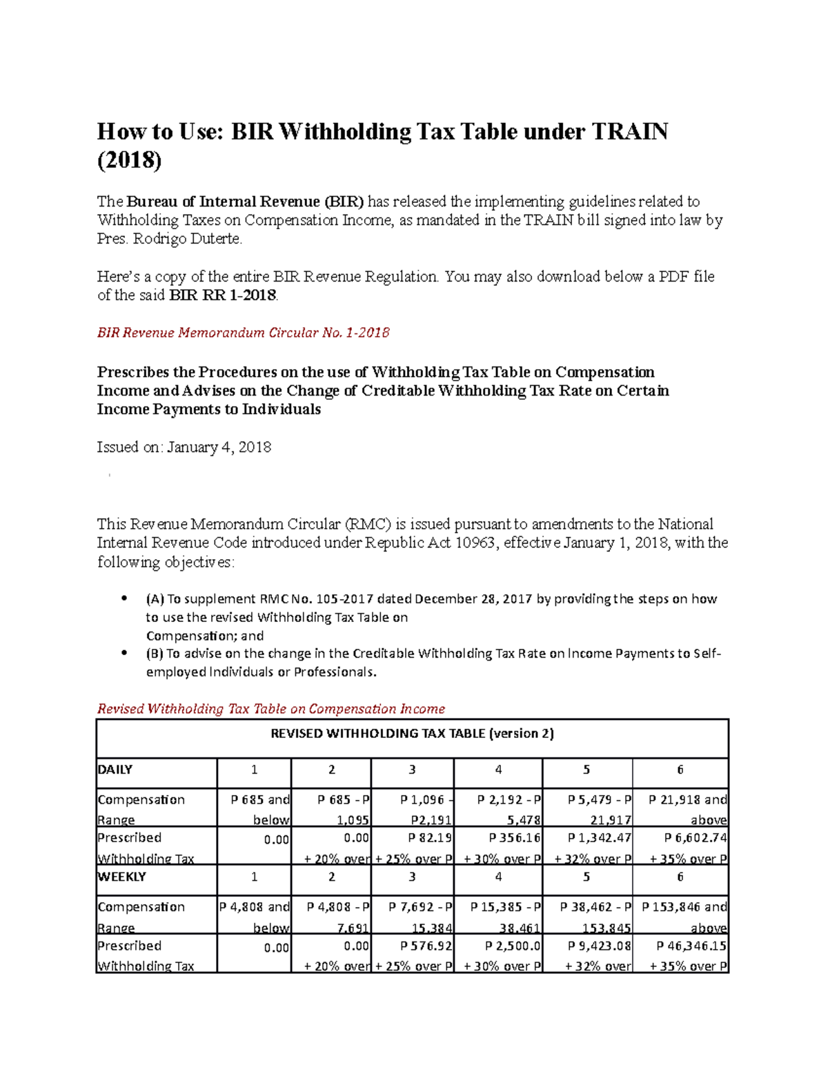 Withholding TAX Train LAW - How to Use: BIR Withholding Tax Table under ...