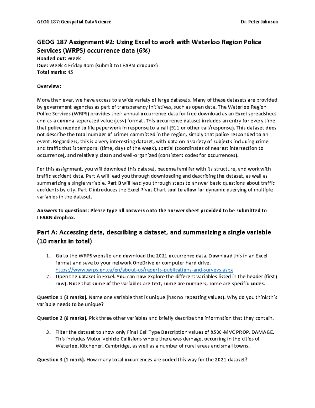 Assignment 2 22 - GEOG 187 Assignment #2: Using Excel to work with ...