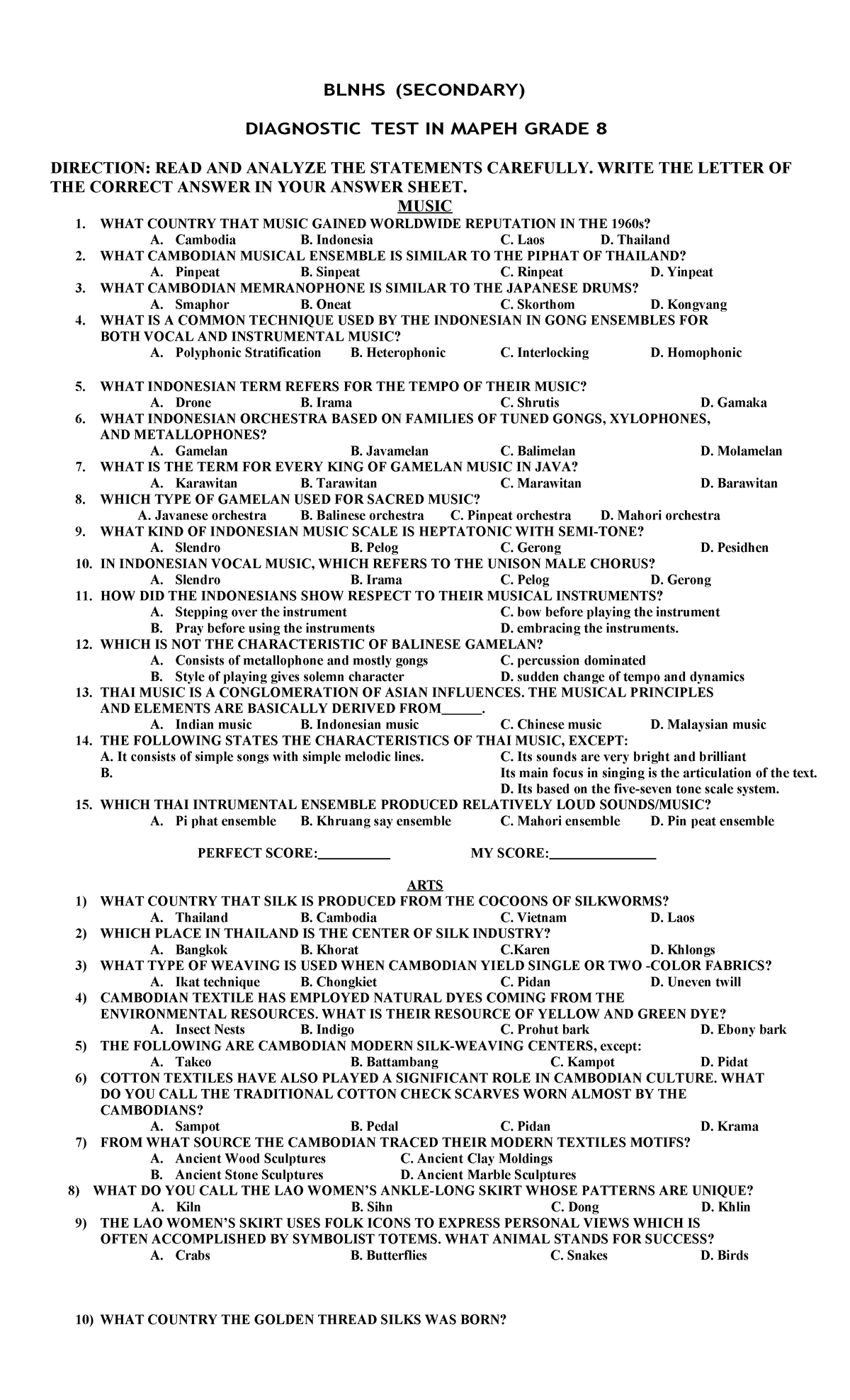 Pdfcoffee - Diagnostic - BLNHS (SECONDARY) DIAGNOSTIC TEST IN MAPEH ...