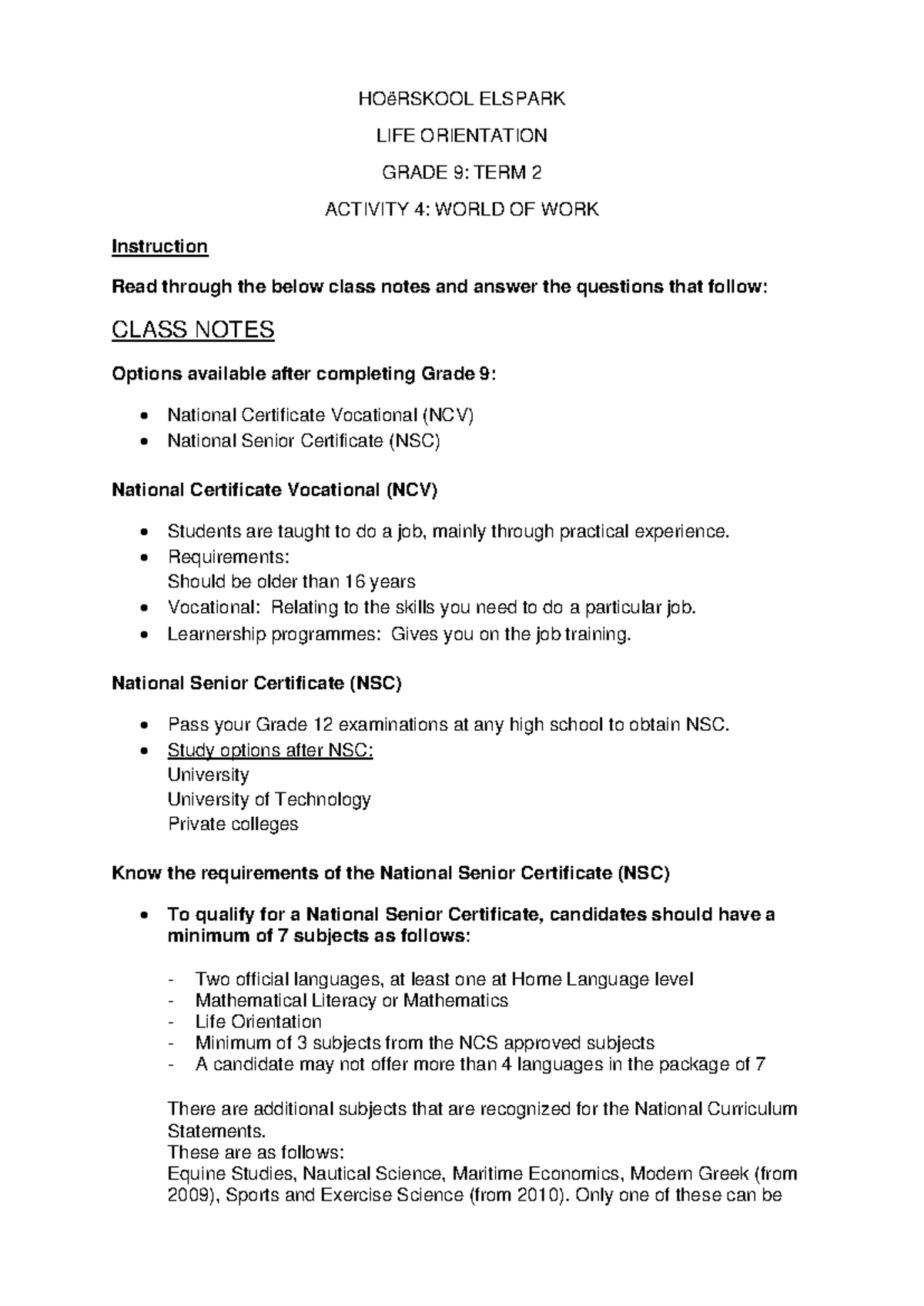 Grade 9 LO 14 May 2020 Activity 4 Term 2 - HOëRSKOOL ELSPARK LIFE ...