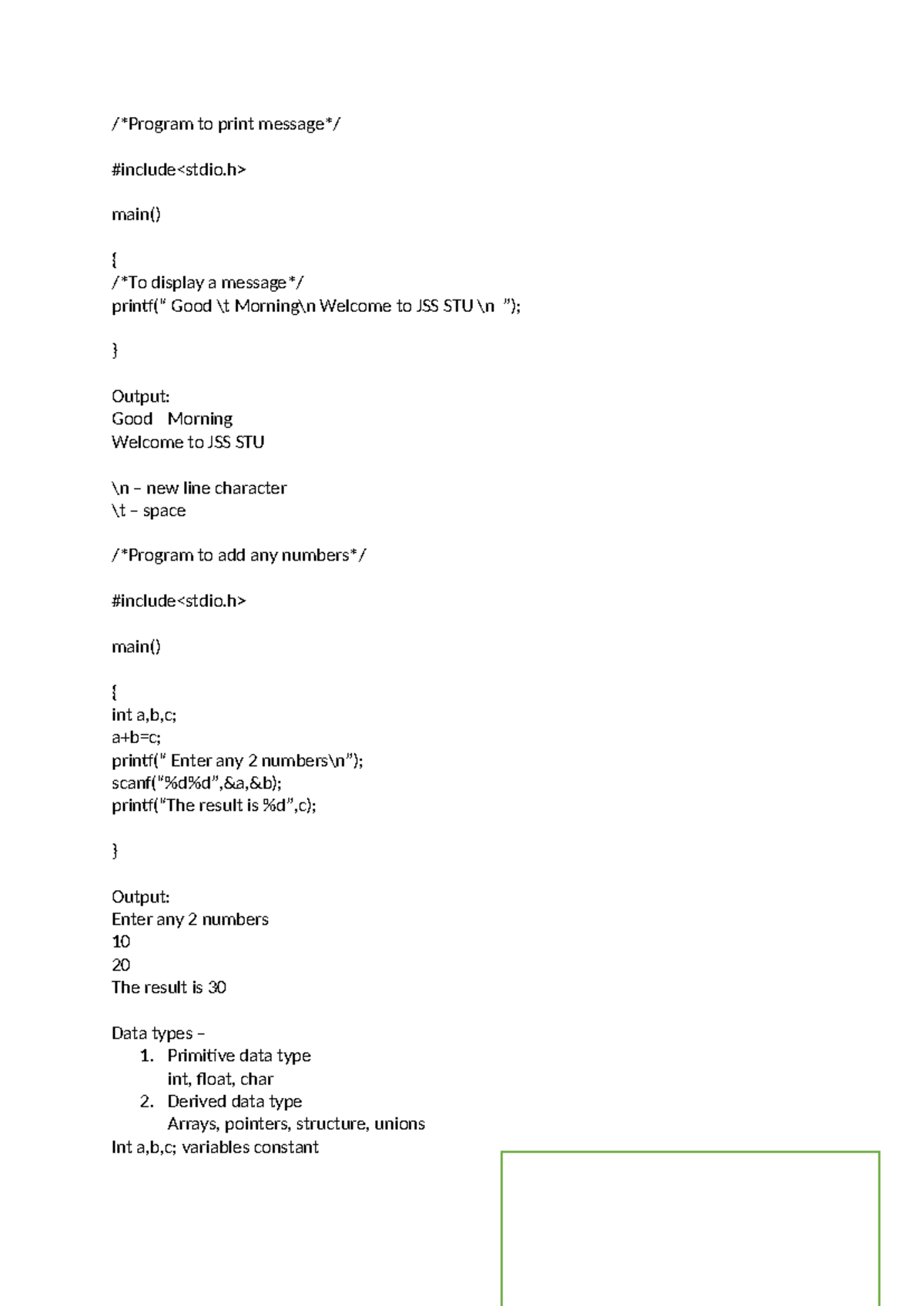 C programing notes - hjbjkbjk - /Program to print message/ #include ...