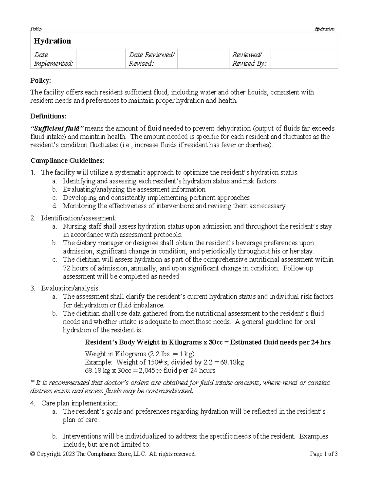 Hydration-Policy - hydration policy - Policy Hydration Hydration Date ...
