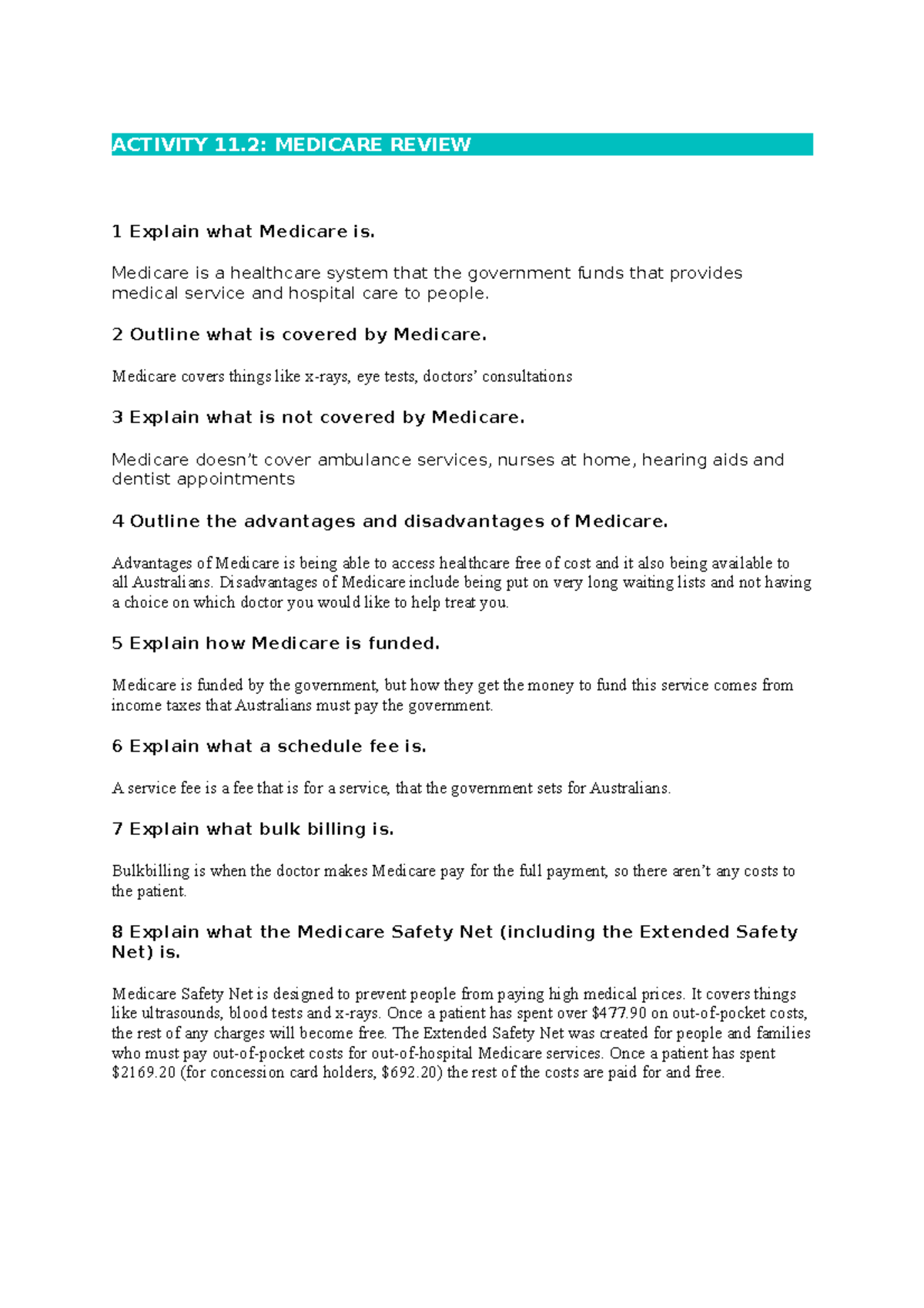 Medicare questions - ACTIVITY 11: MEDICARE REVIEW 1 Explain what ...