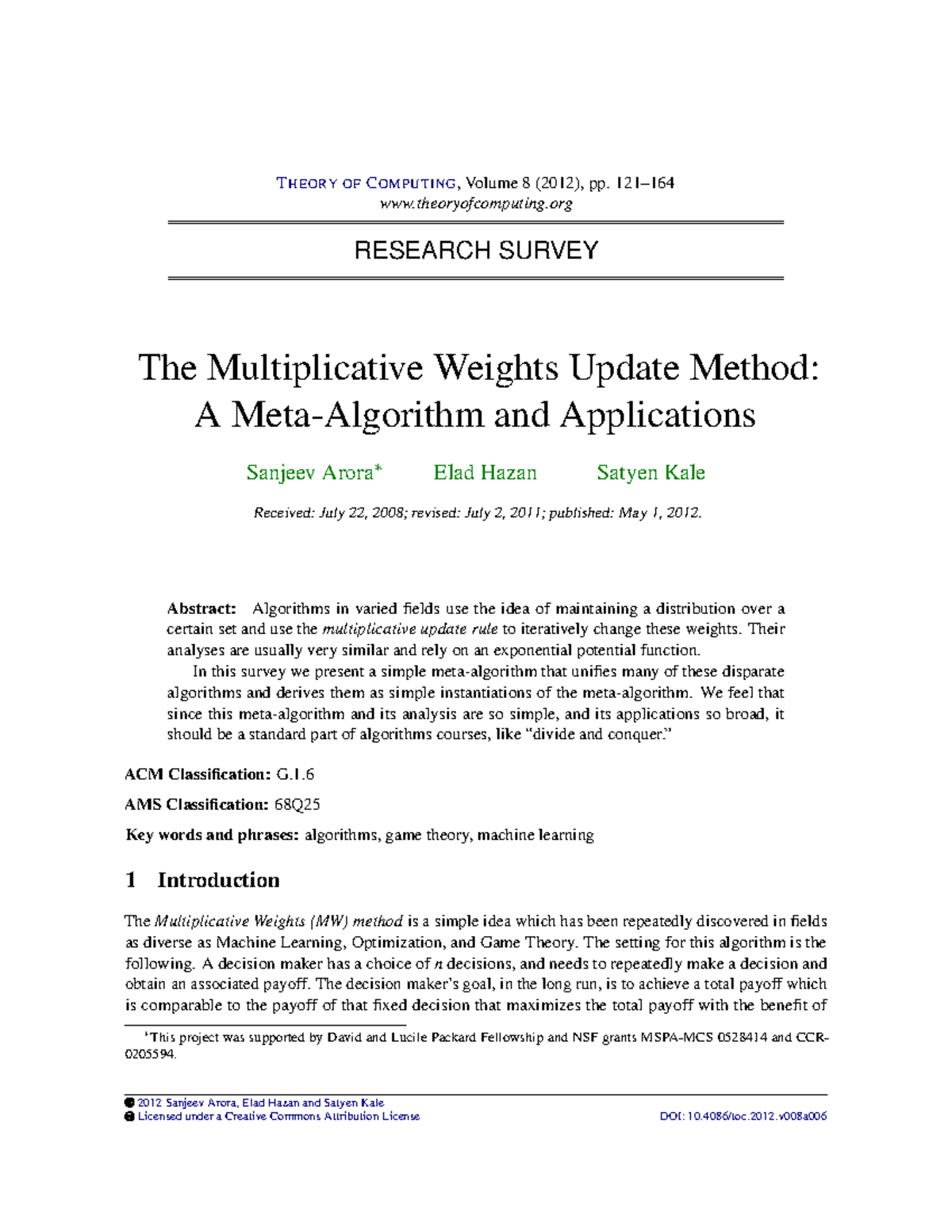The Multiplicative Weights Update Method Meta Algorithm And Applications Theory Ofcomputing