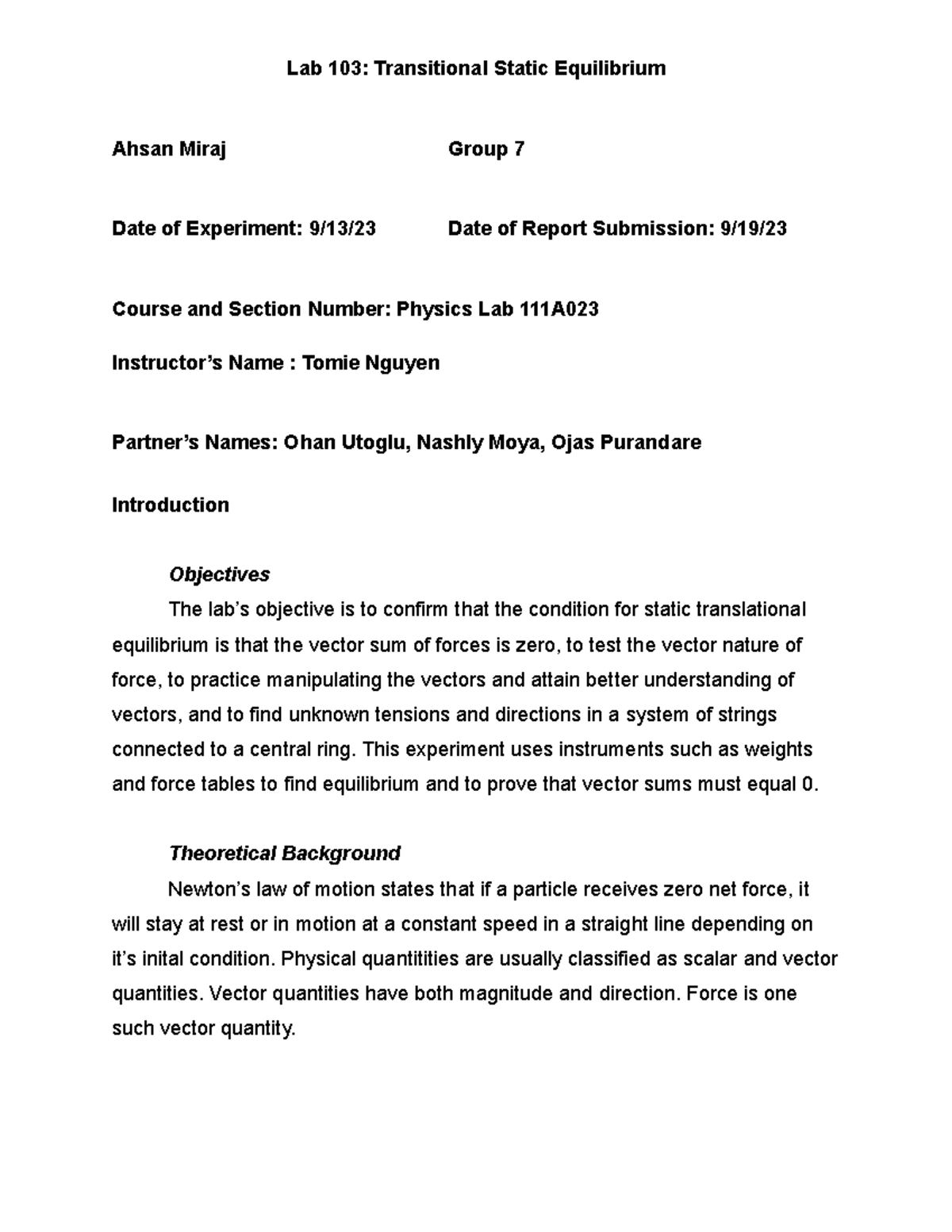 Physics lab 1 - Lab 103 - Lab 103: Transitional Static Equilibrium ...