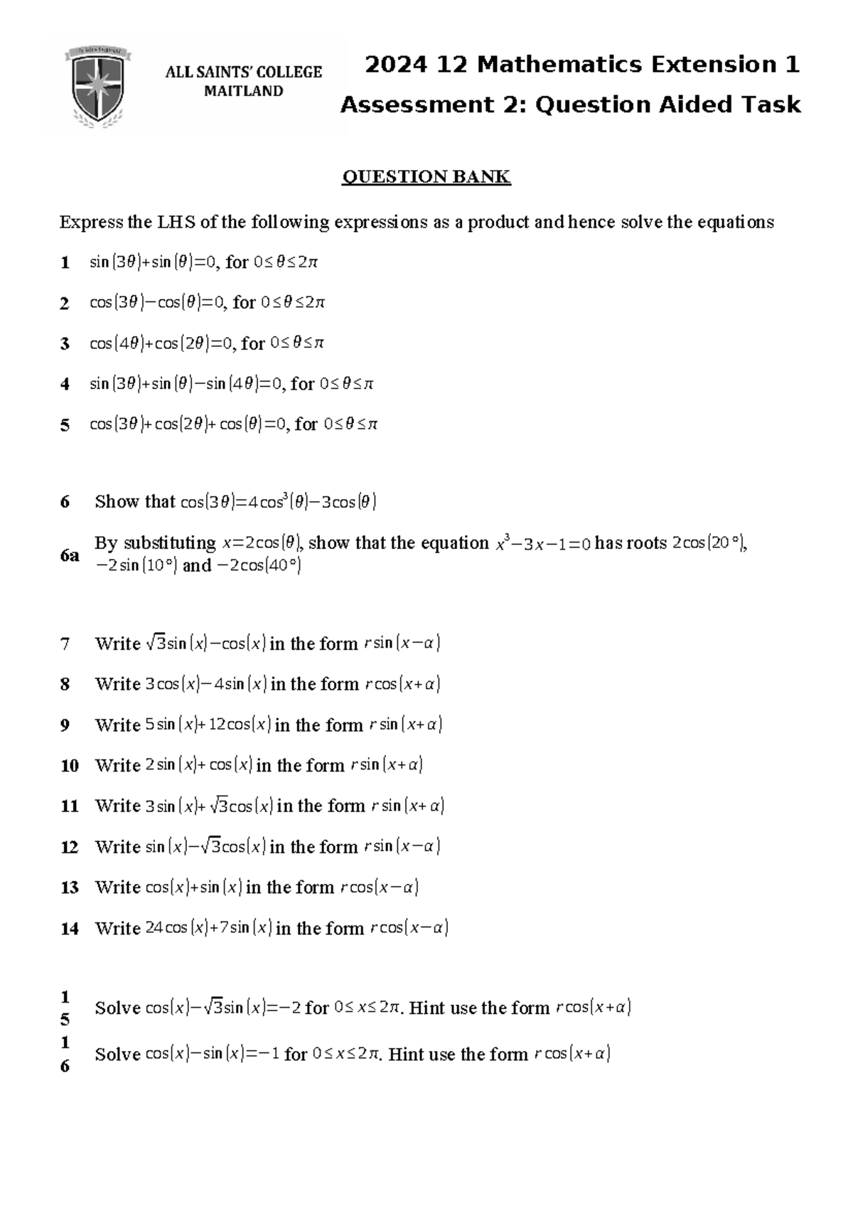 Practice Questions - 2024 12 Mathematics Extension 1 Assessment 2 ...