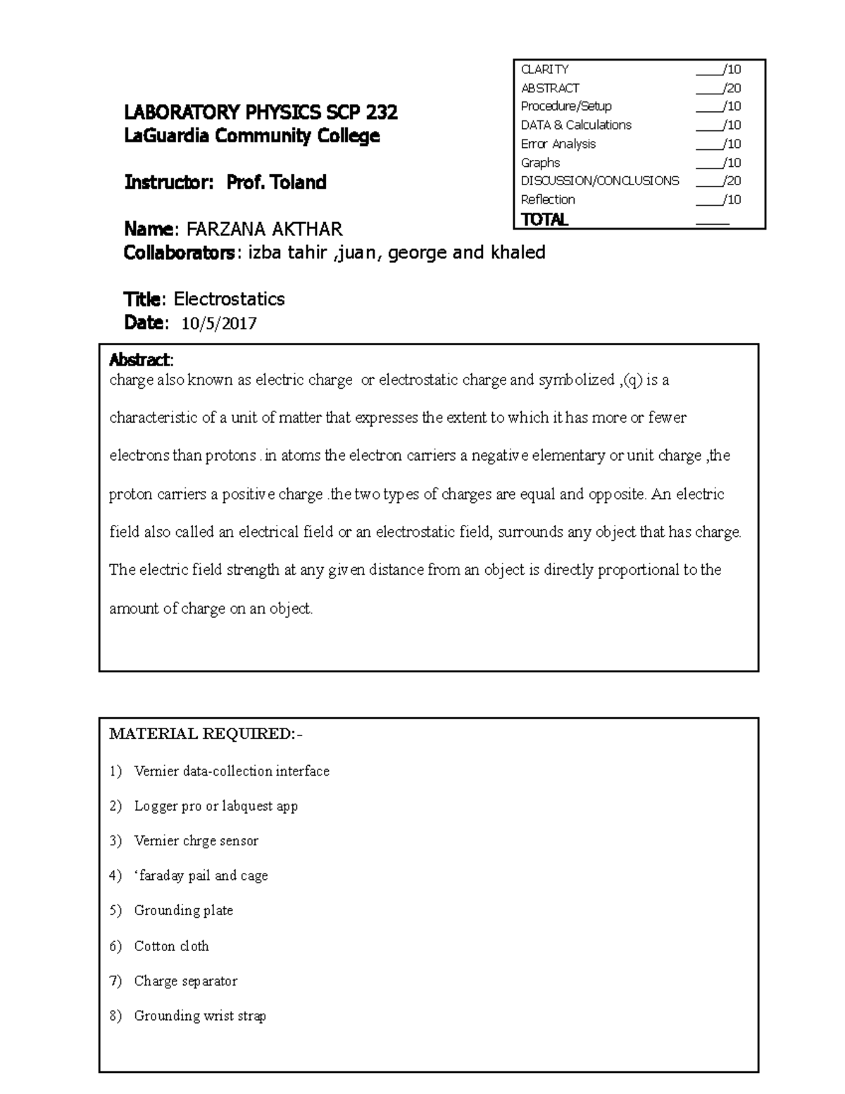 Scp232-Electrostatics - LABORATORY PHYSICS SCP 232 LaGuardia Community ...