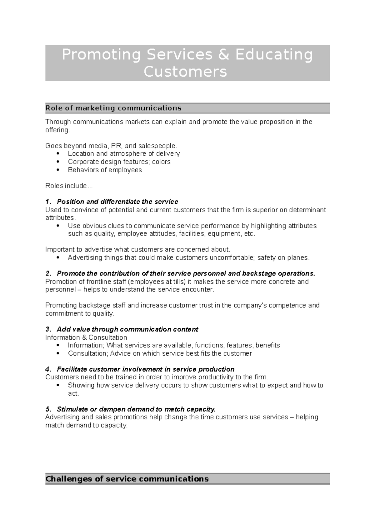 Chapter 7:Promoting Services and Educating Customers - Promoting Services of marketing - Studocu