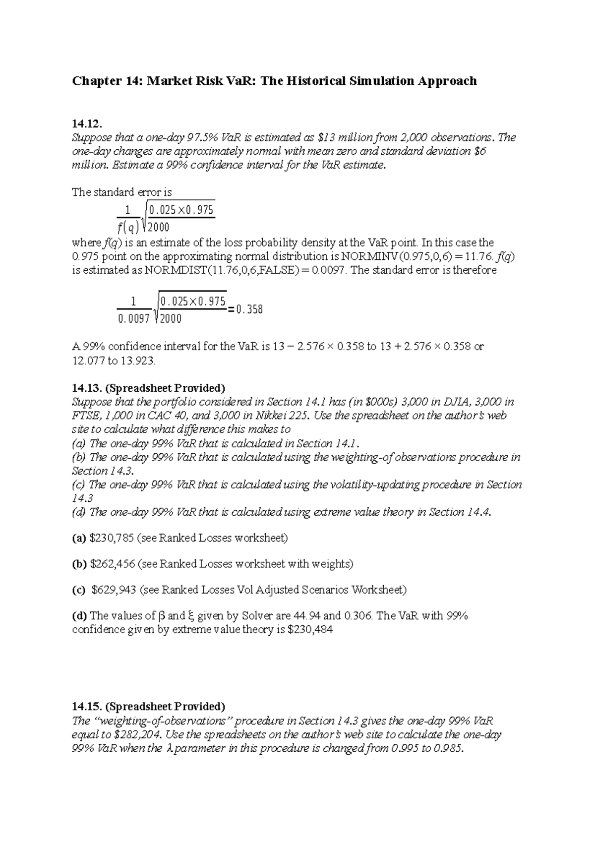 Week 11 S - Chapter 14: Market Risk VaR: The Historical Simulation ...