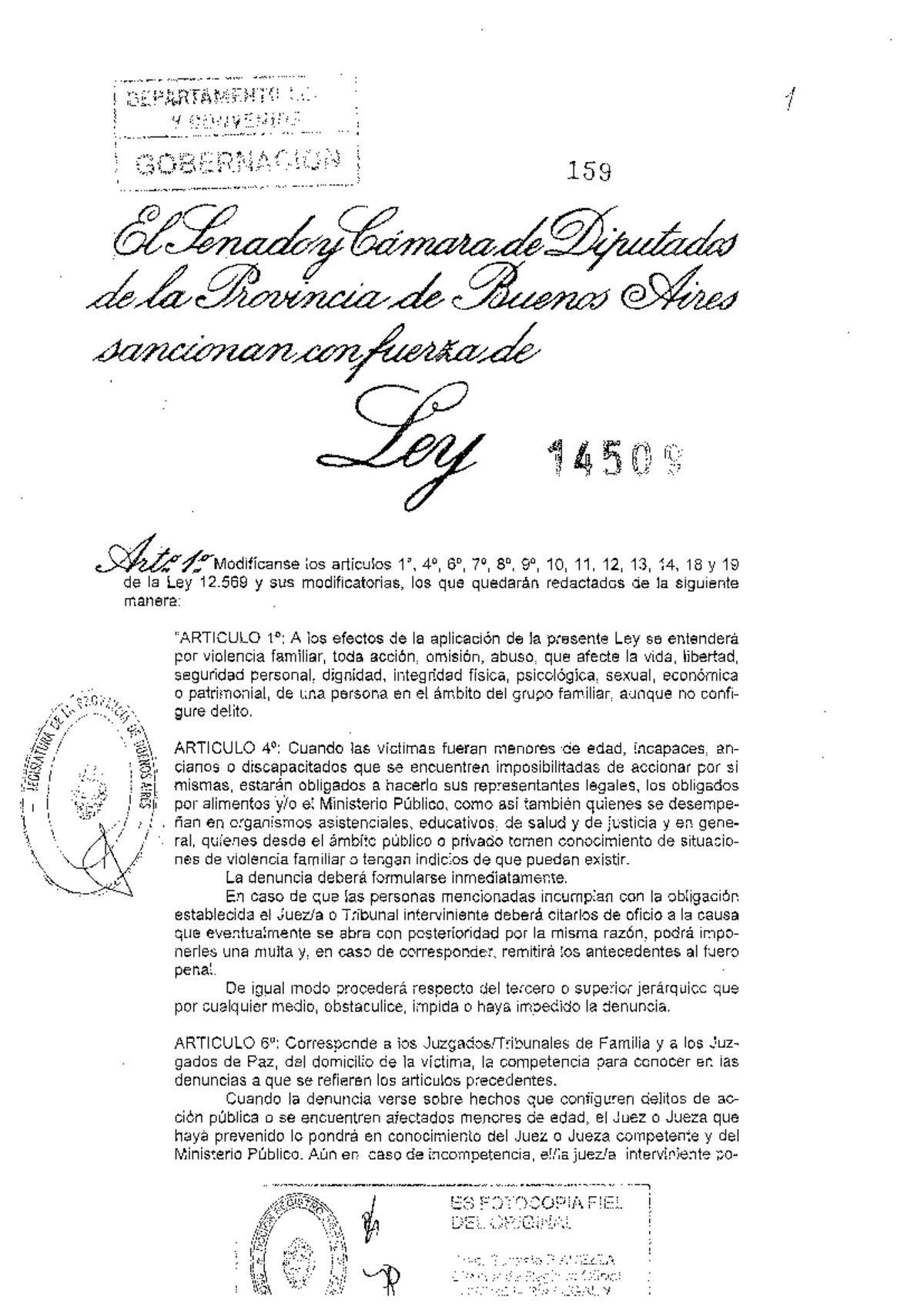 Ley 14509 - LEY - DEPARTAMENTO COMPANY GOBERNACION 159 El Senadory Camarade Diputados dela ...