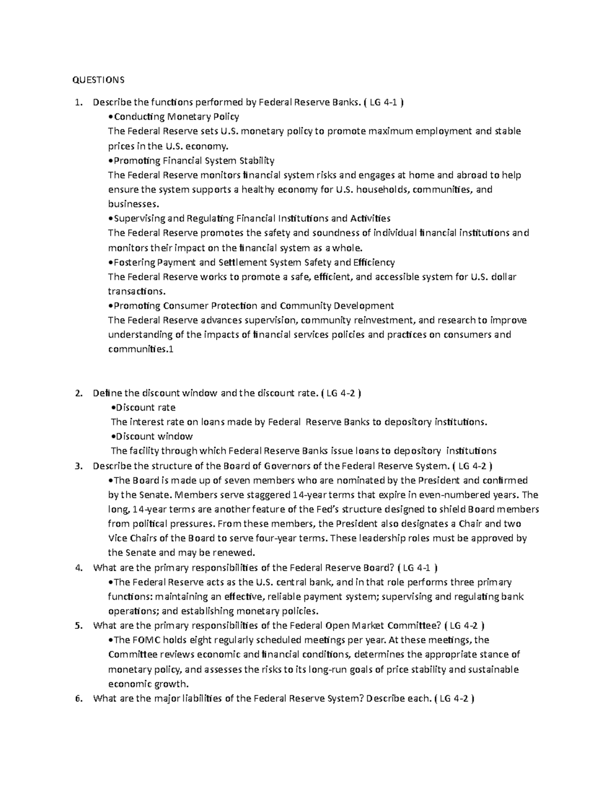 Chapter 4 questions - lecture notes - QUESTIONS Describe the functions ...
