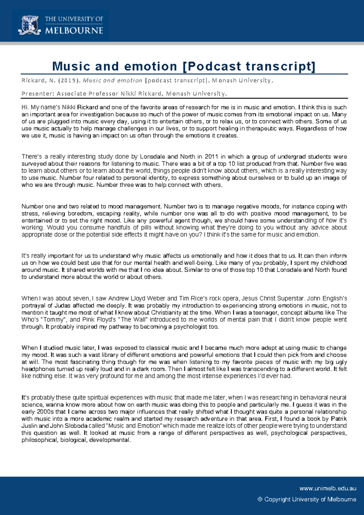 MUSI2014 9 Music and emotions - Podcast transcript-2 - unimelb.edu ...