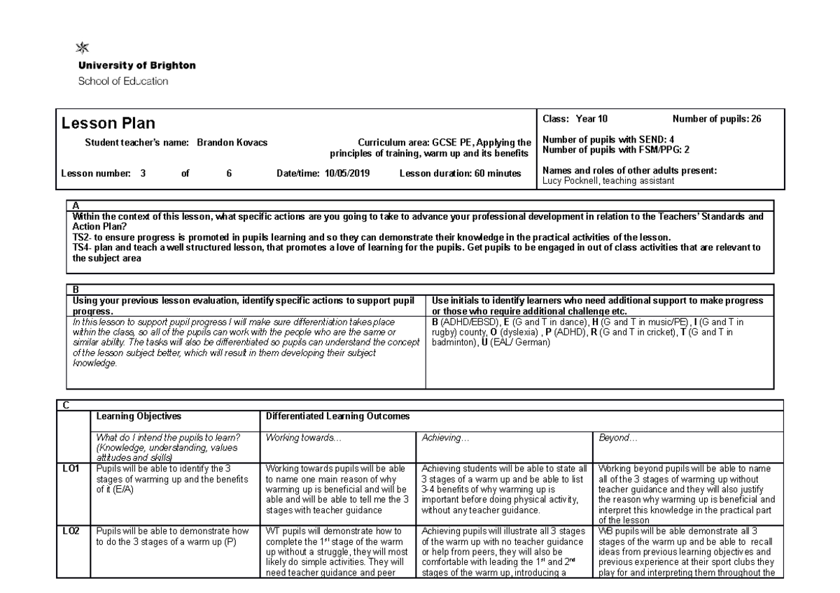 Blue tack lesson plan - Lesson Plan Student teacher’s name: Brandon ...