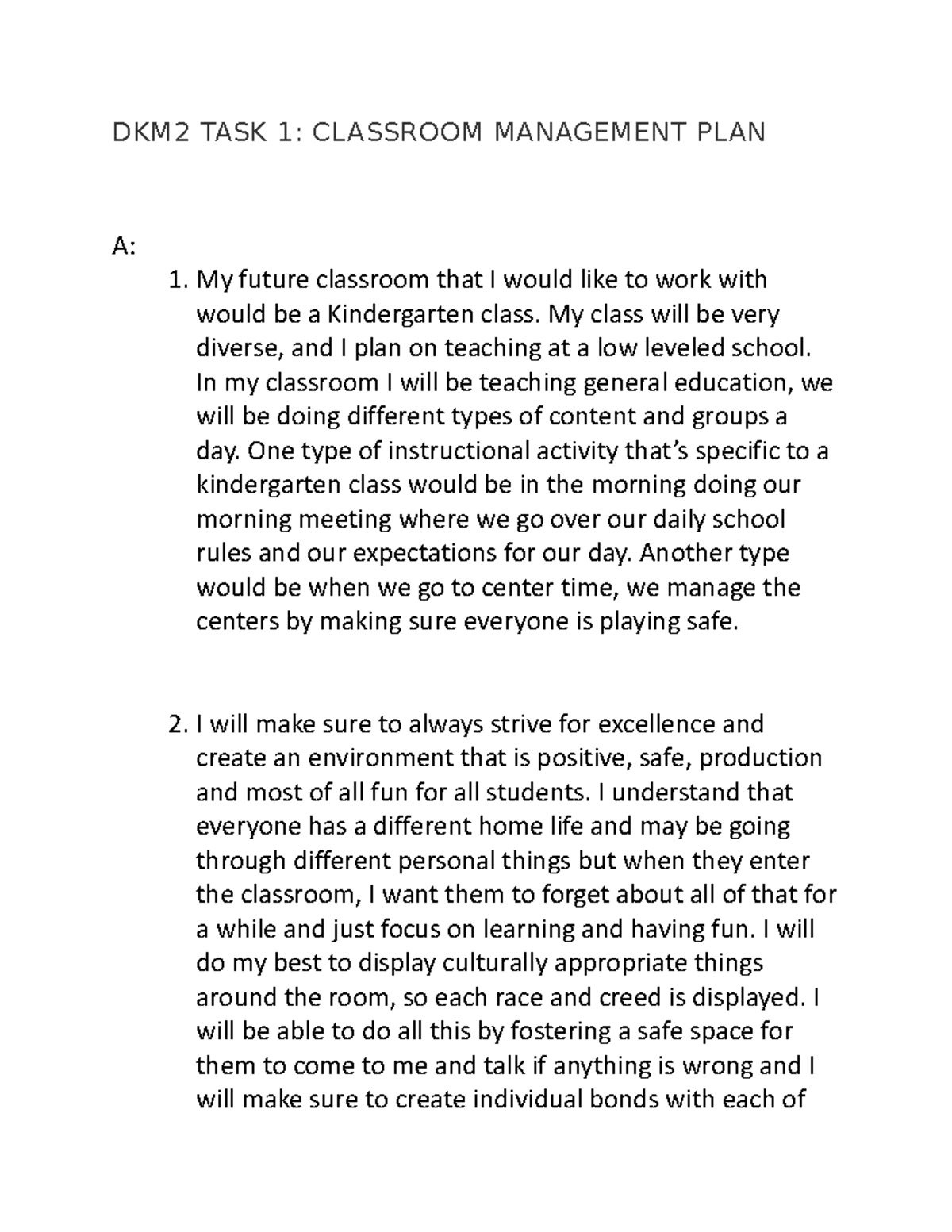 DKM2 TASK 1- 2 Classroom Management PLAN - DKM2 TASK 1: CLASSROOM ...