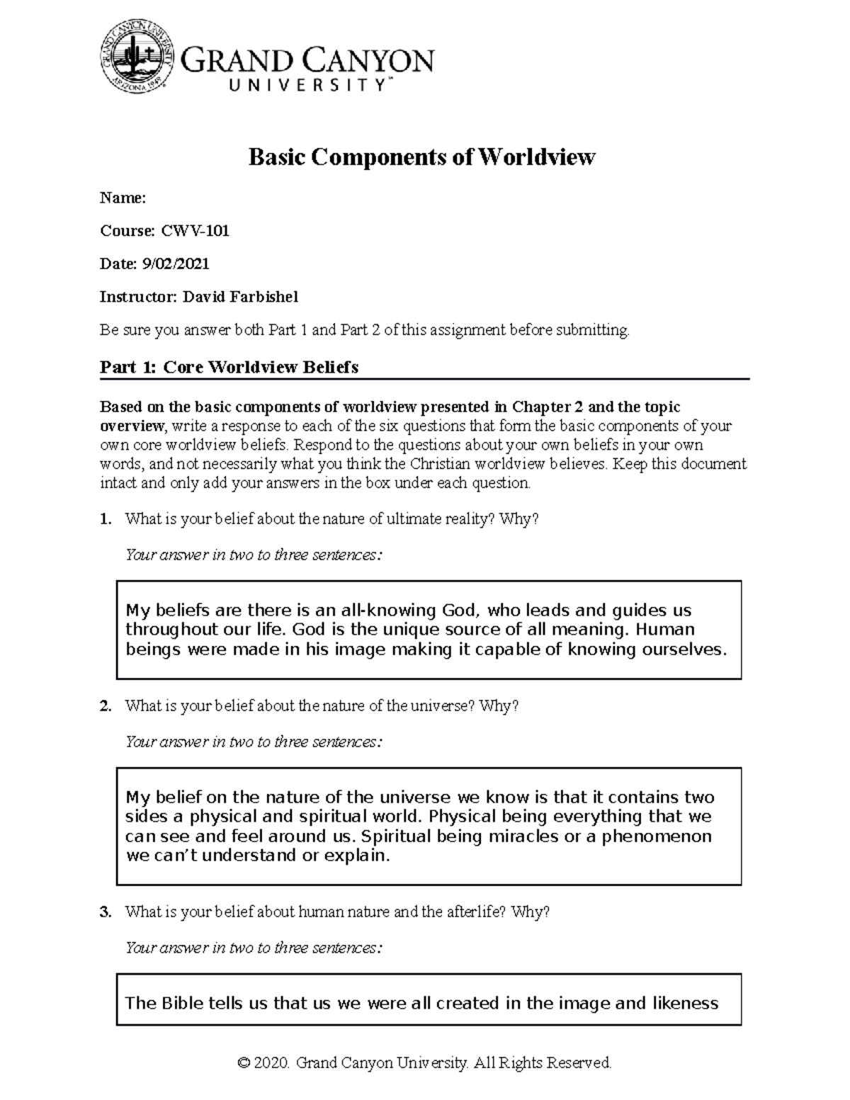 CWV 101 301 RS T1 Basic Components Of Worldview - Basic Components of Worldview Name: Course ...