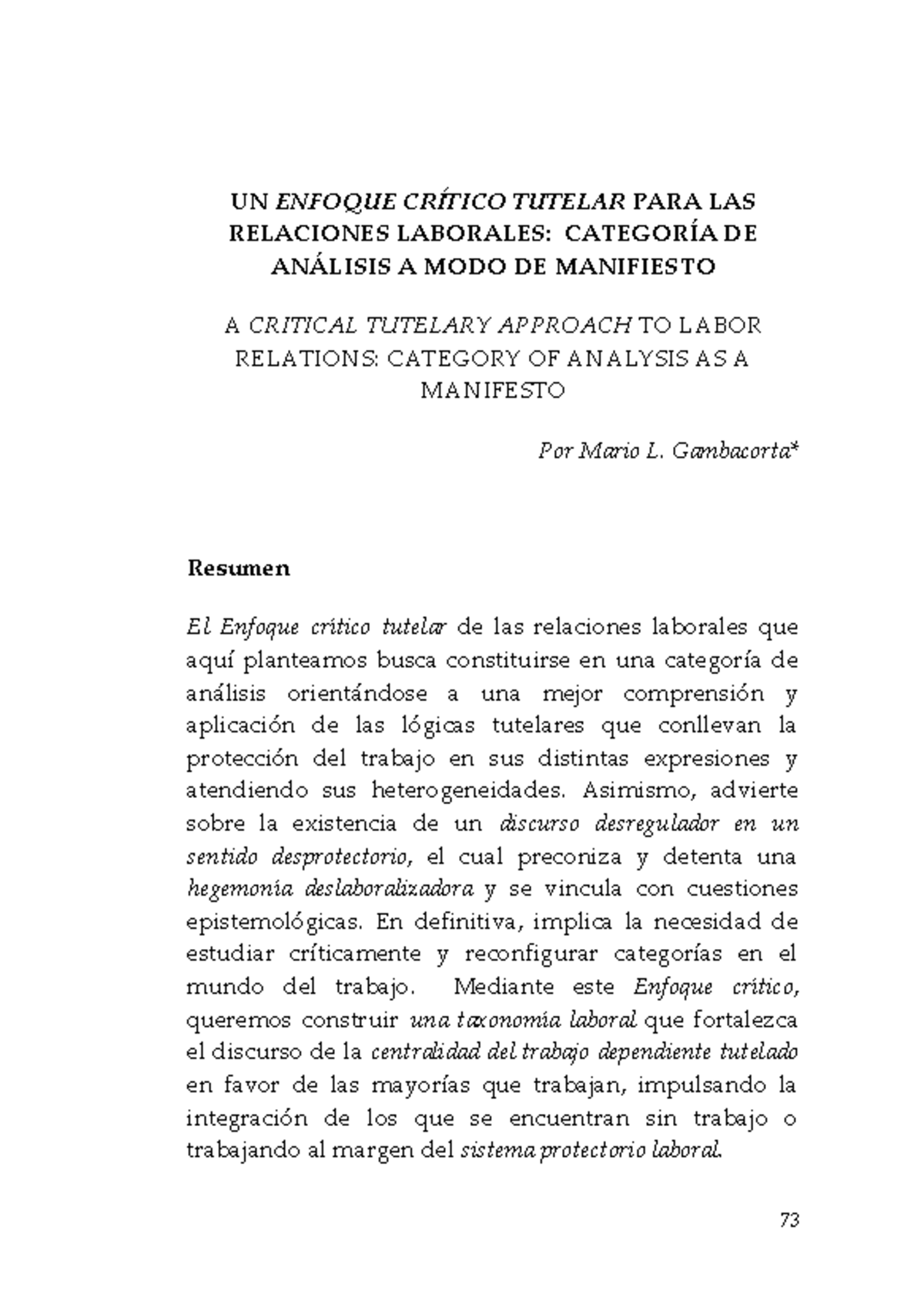 Articulo Un enfoque critico tutelar - UN ENFOQUE CRÍTICO TUTELAR PARA LAS RELACIONES LABORALES ...