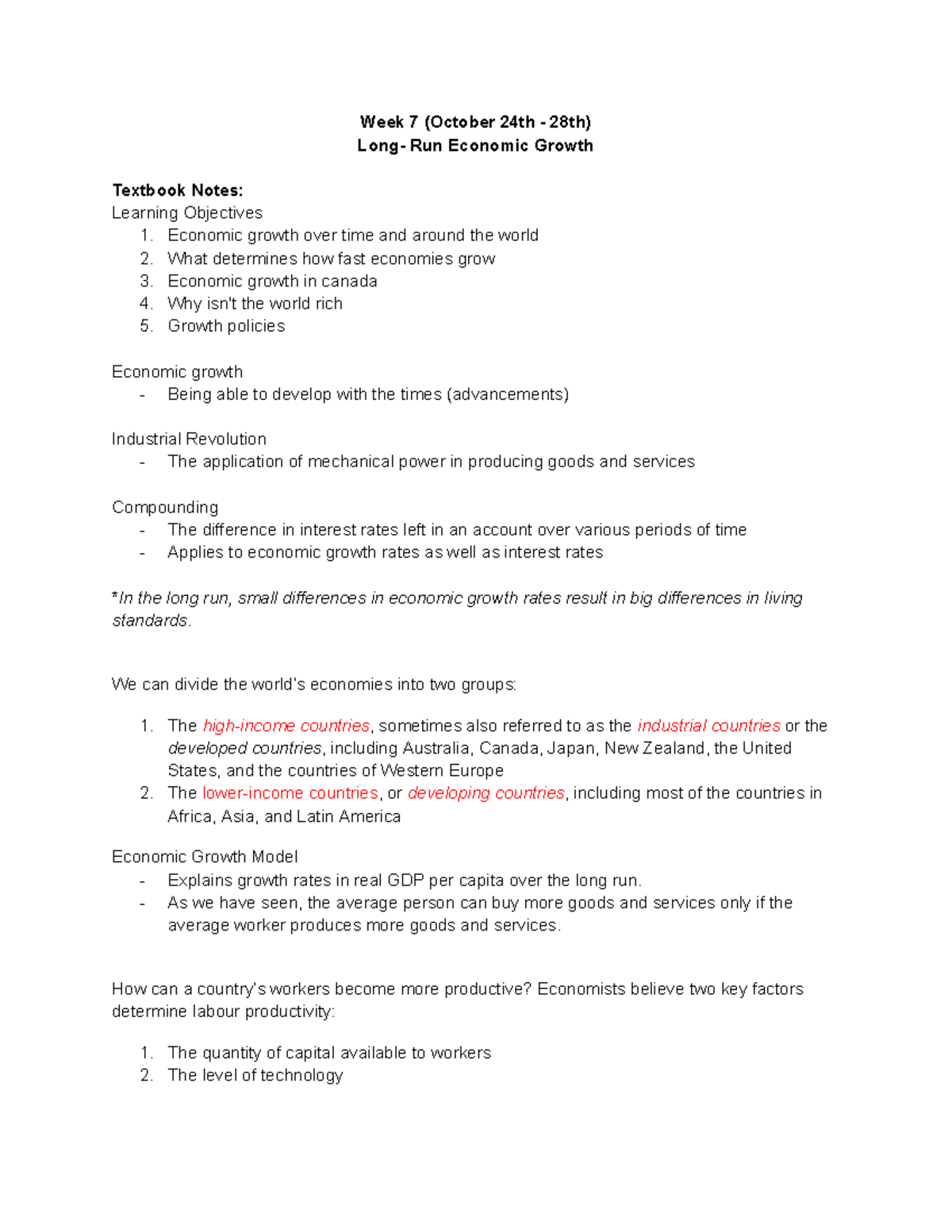 Week 7 - macro notes - Week 7 (October 24th - 28th) Long- Run Economic ...