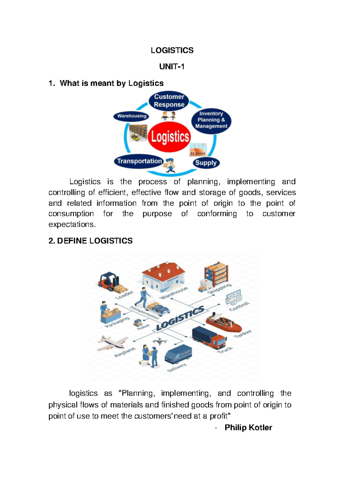 Logistics merged - Good - LOGISTICS UNIT- 1 1. What is meant by ...