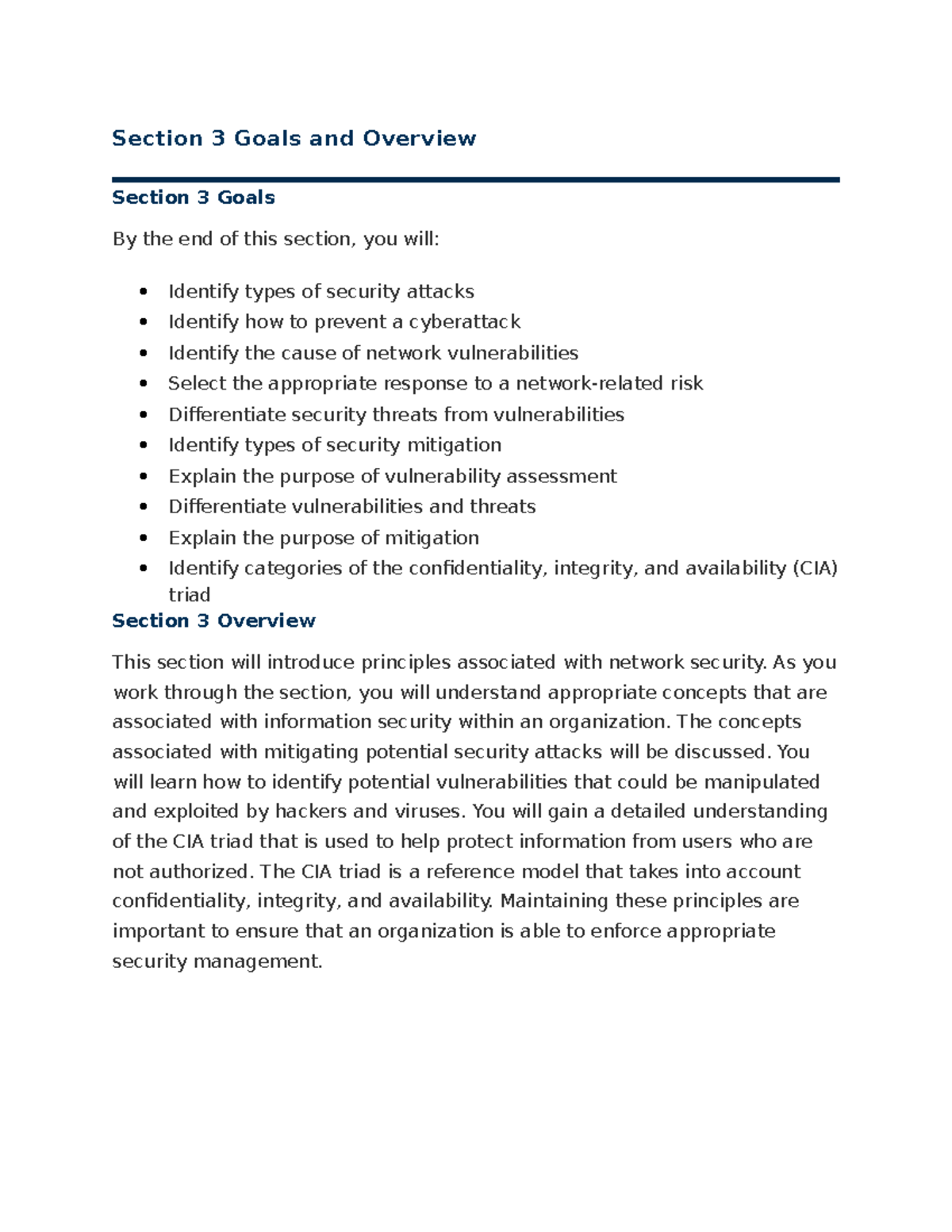 Section 3 - Introduction to Networking Security - Section 3 Goals and ...