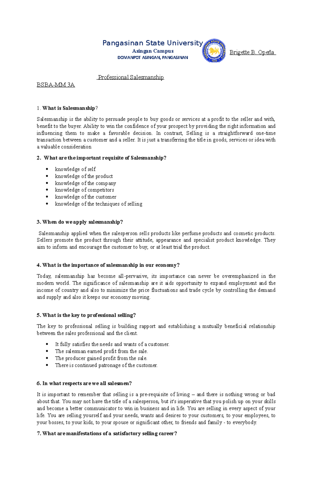 Professional Salesmanship Act 1 - Brigette B. Ope渃̀a Professional ...