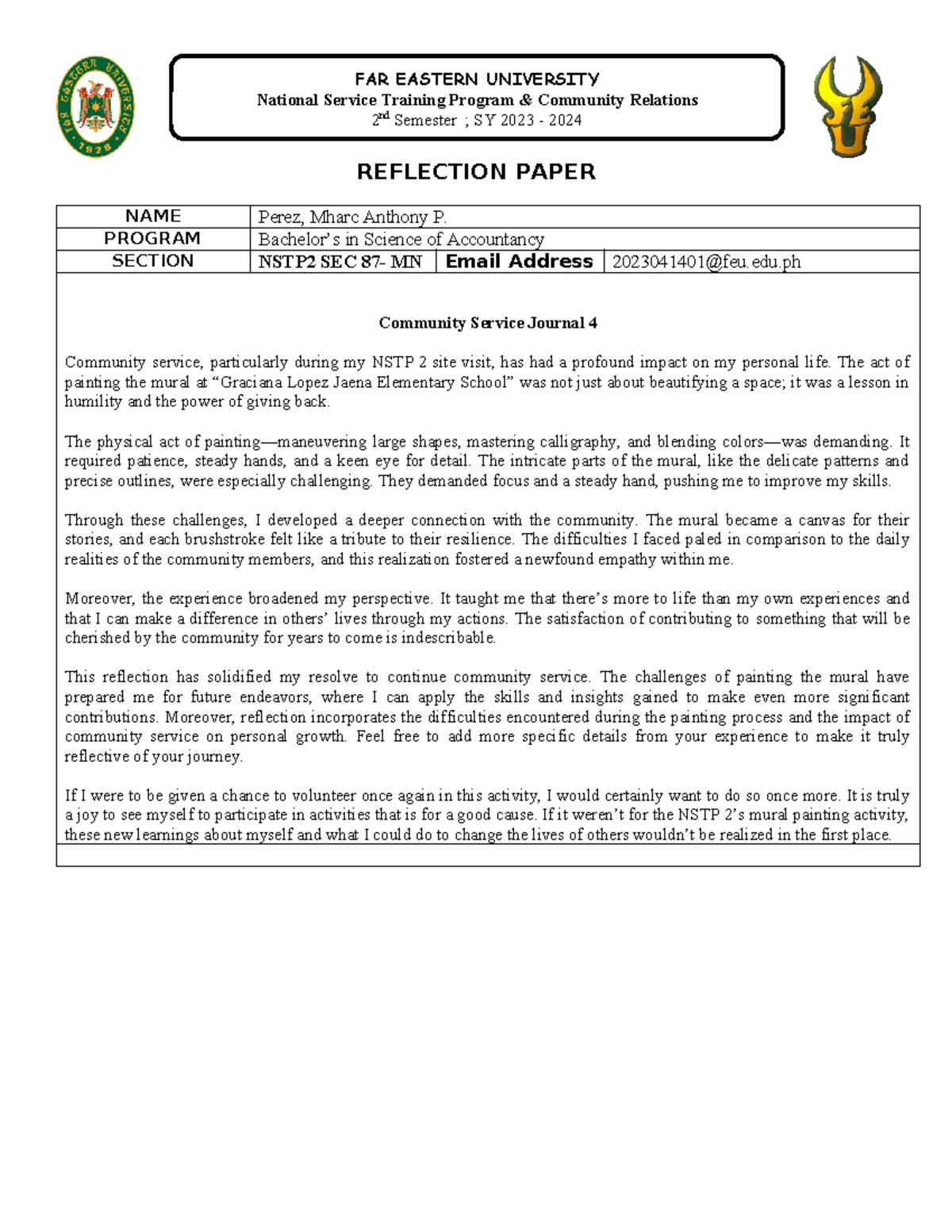 Community Service Journal 4 - REFLECTION PAPER NAME Perez, Mharc ...