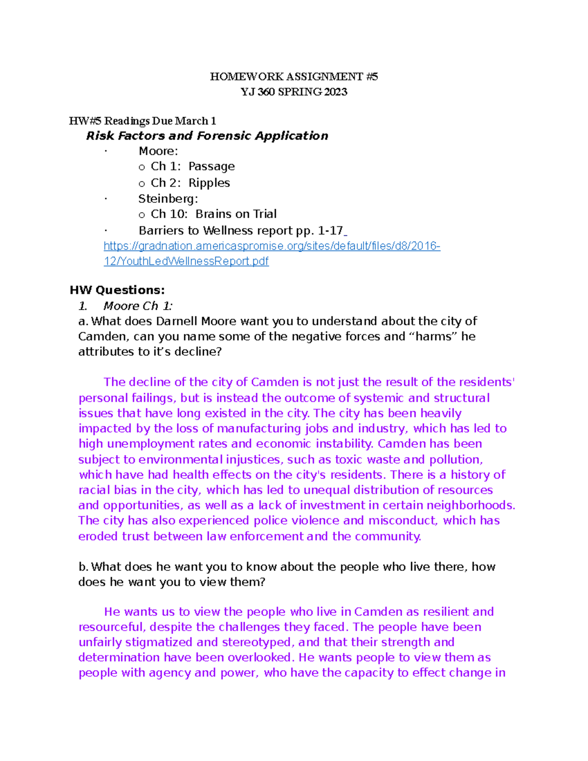 HW #5 - Homework - HOMEWORK ASSIGNMENT YJ 360 SPRING 2023 HW#5 Readings ...