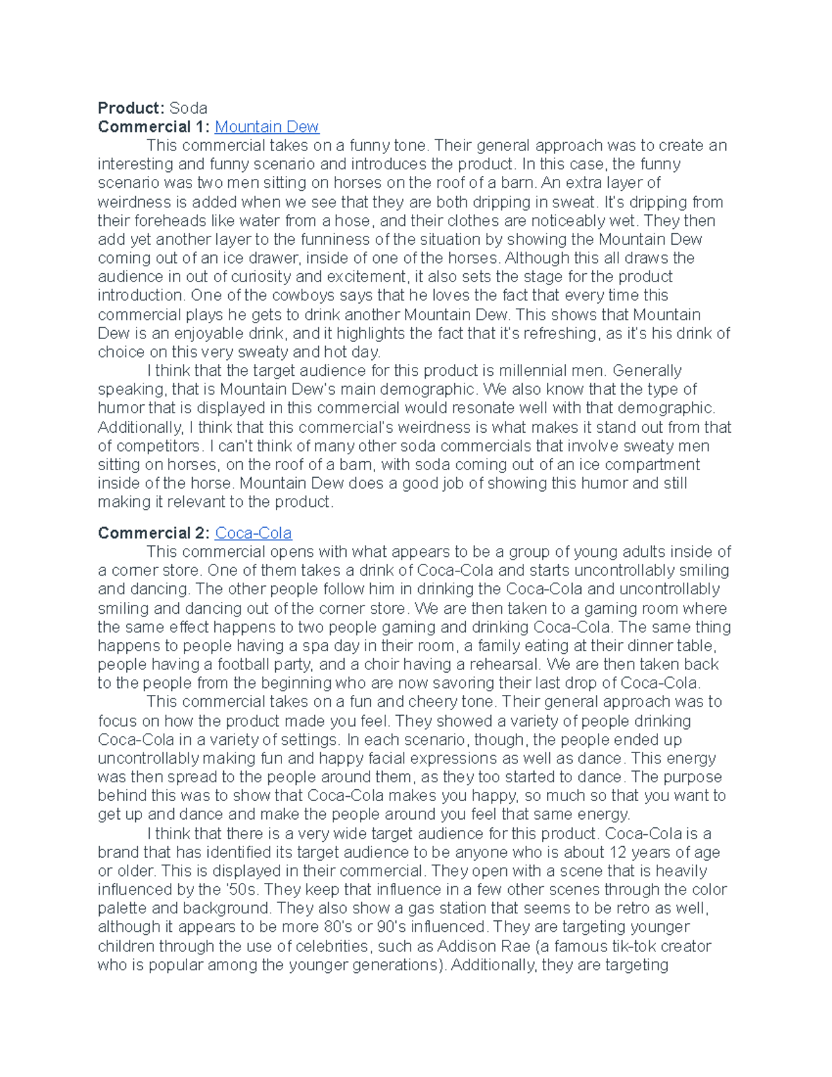 Document Analysis 3 - Product: Soda Commercial 1: Mountain Dew This ...