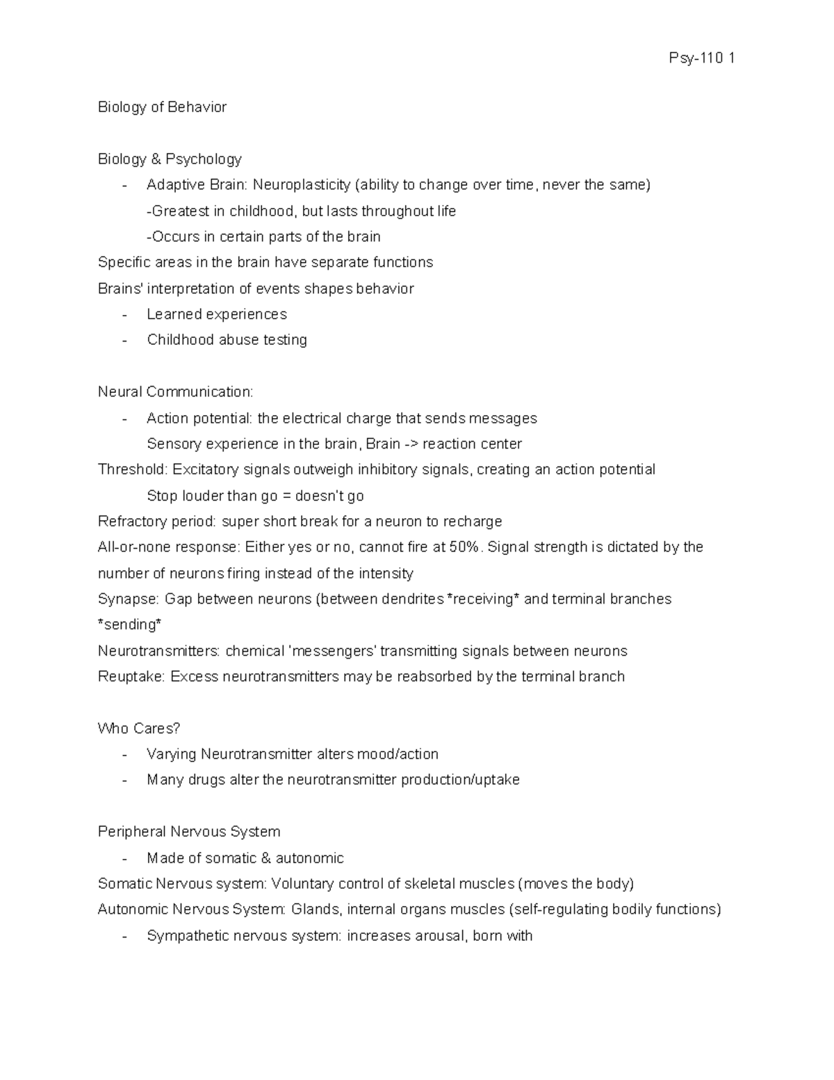Psy-110 Biology of Behavior - Biology of Behavior Biology & Psychology ...