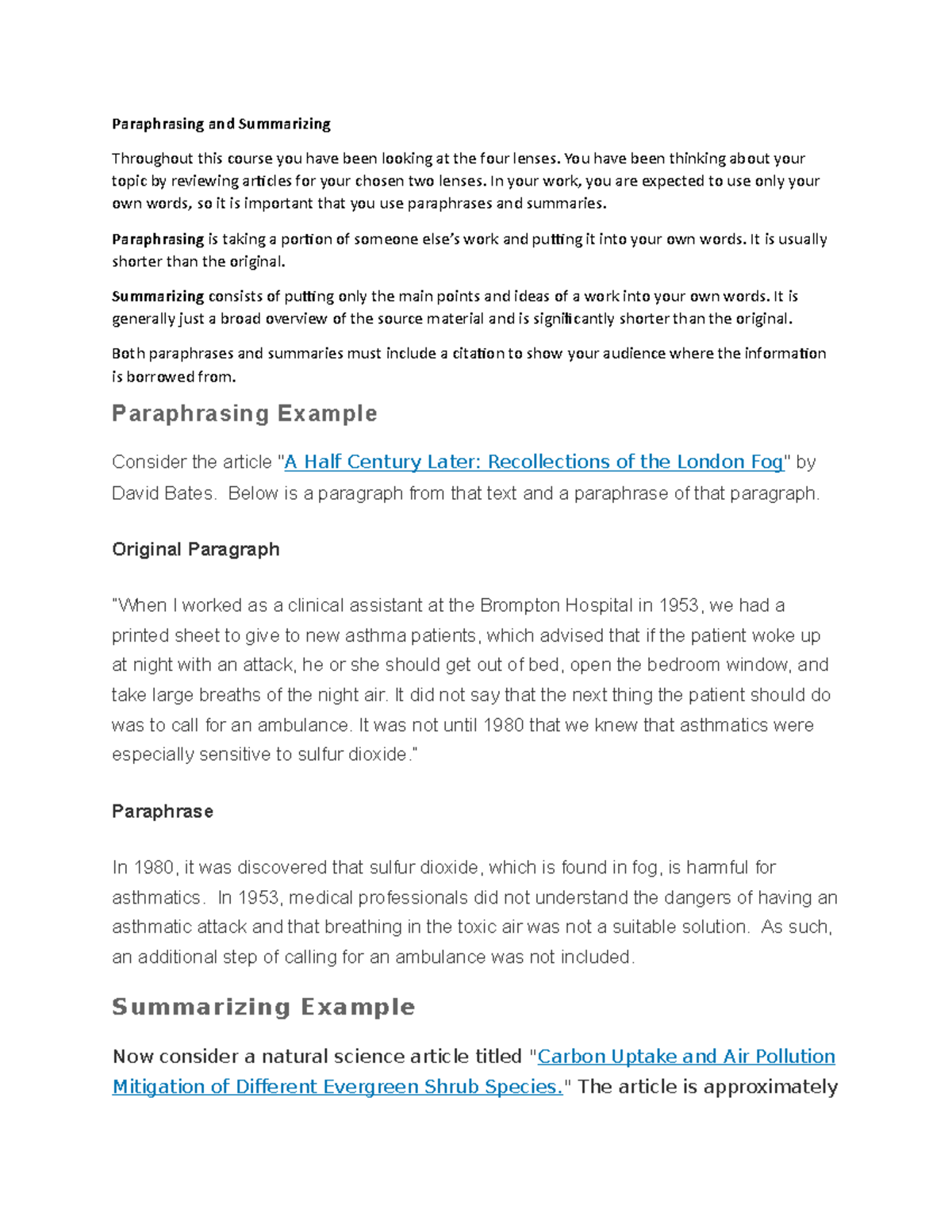 Paraphrasing Notes - Paraphrasing and Summarizing Throughout this ...