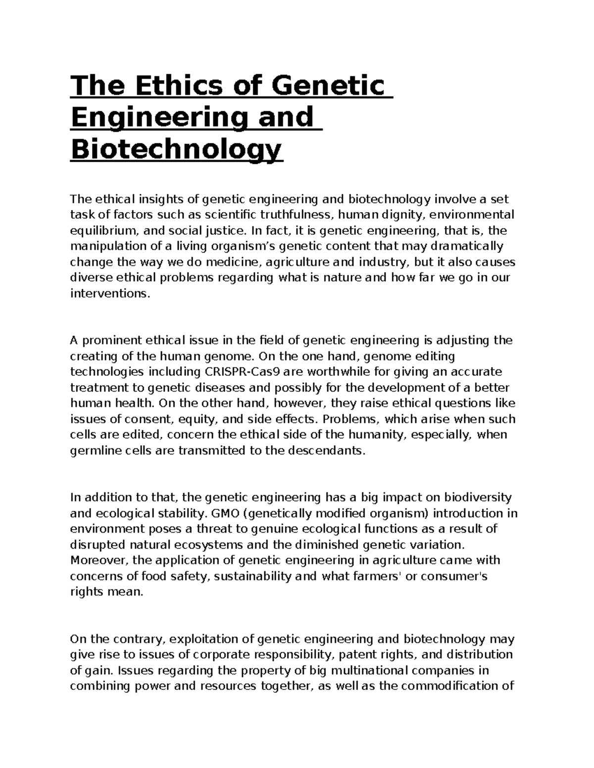 The Ethics of Genetic Engineering and Biotechnology - The Ethics of ...